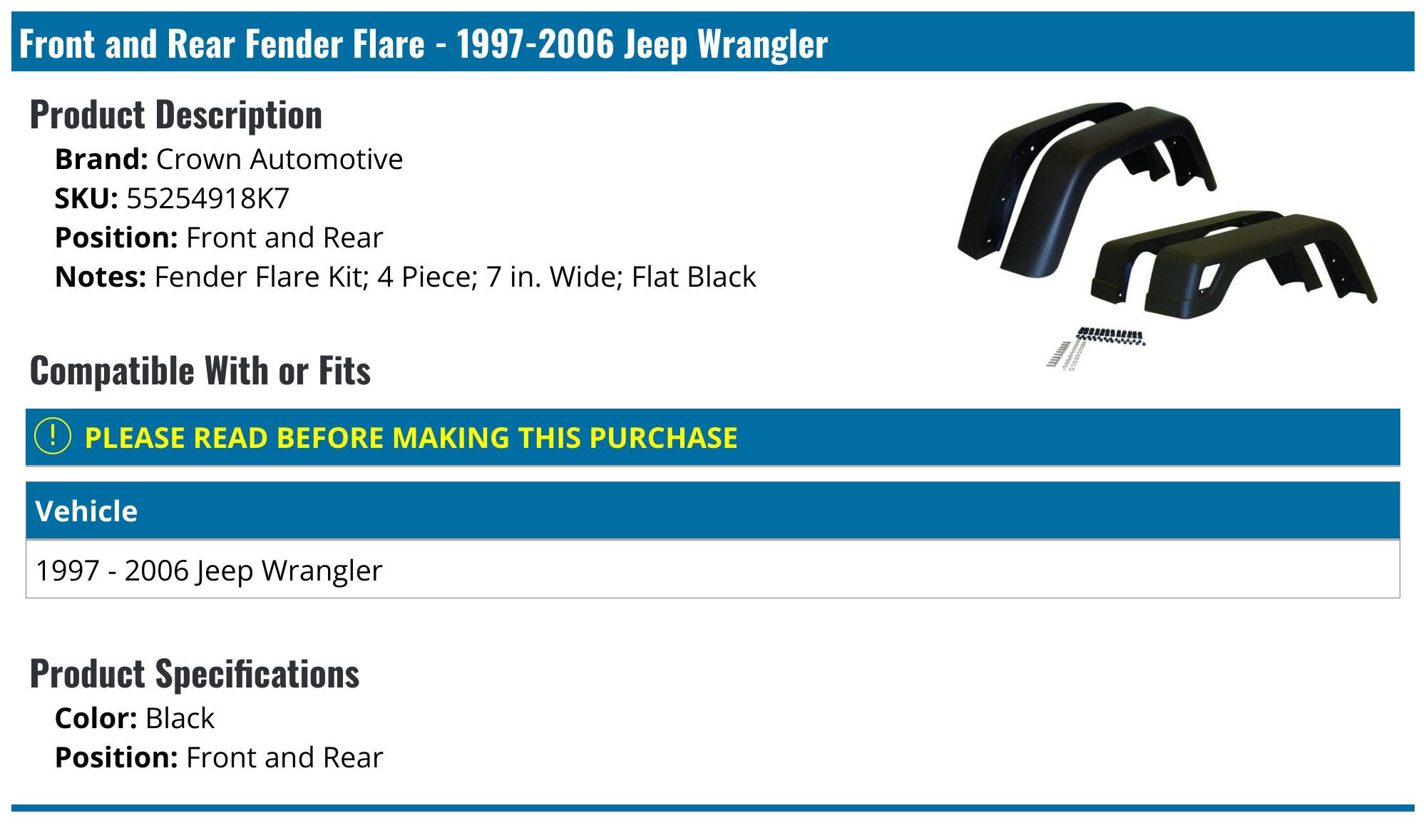 1997-2006 Jeep Wrangler Fender Flare - Crown Automotive 55254918K7 ...