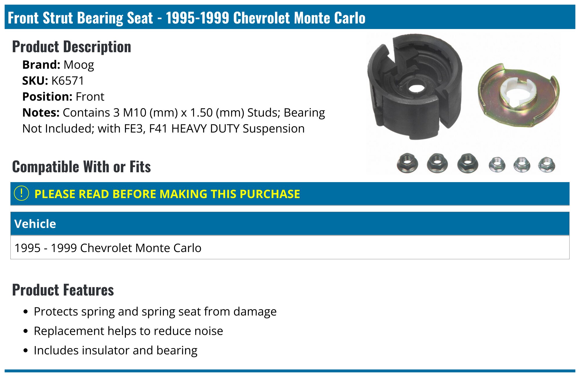 1995-1999 Chevrolet Monte Carlo Strut Bearing Seat - Moog K6571 - Front ...