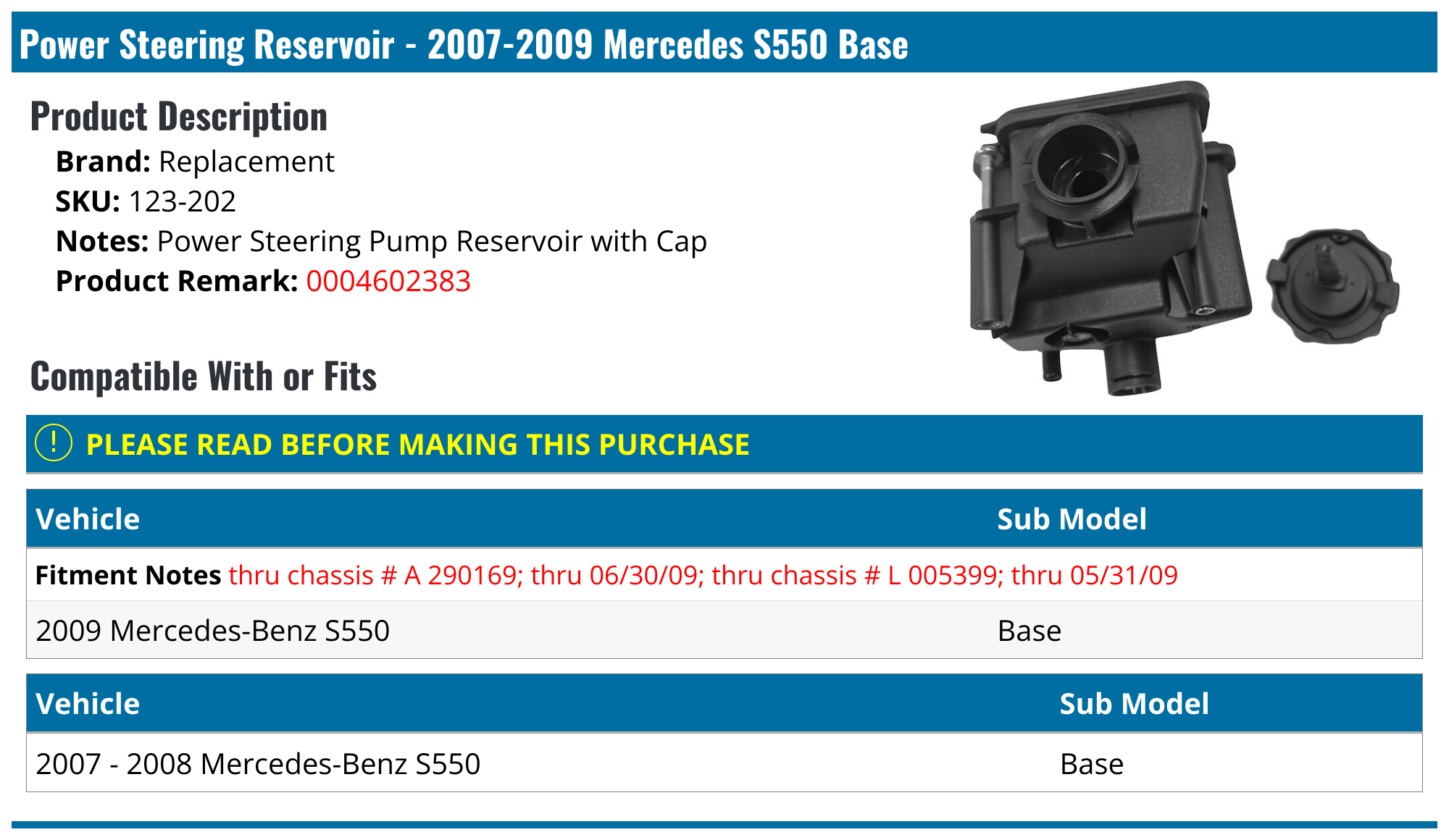 2007-2009 Mercedes S550 Power Steering Reservoir - Replacement 123-202 ...