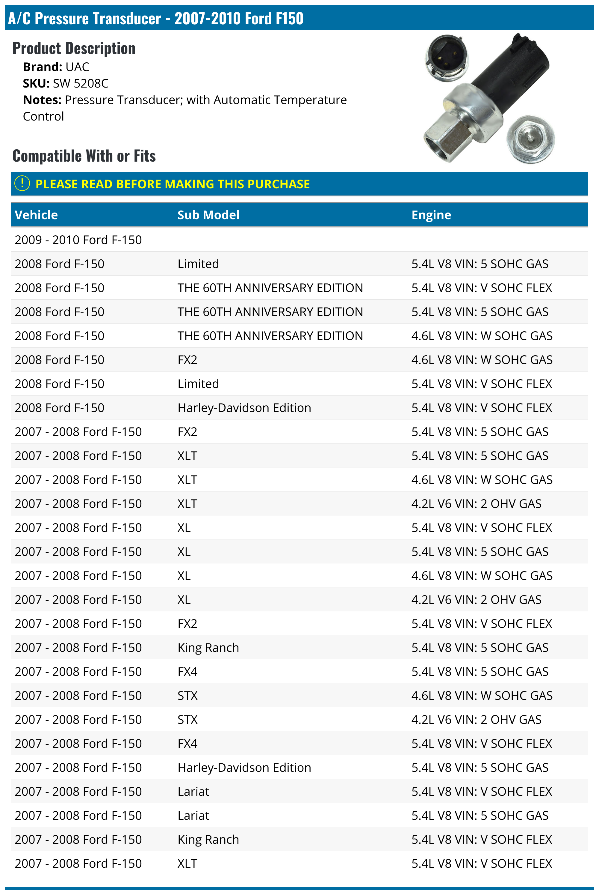 2007-2010 Ford F150 A/C Pressure Transducer - UAC SW 5208C - PartsGeek.com