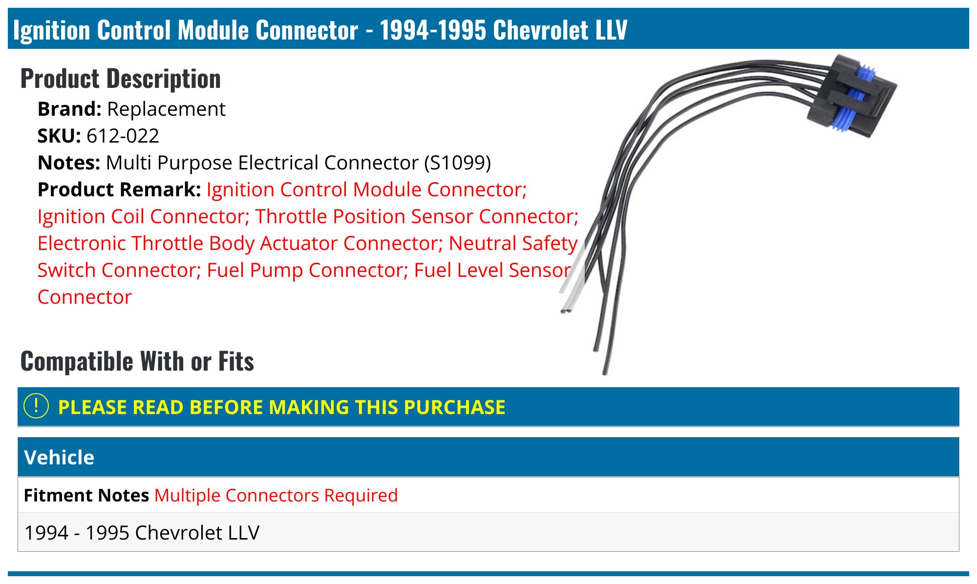 1994-1995 Chevrolet LLV Ignition Control Module Connector - Replacement ...