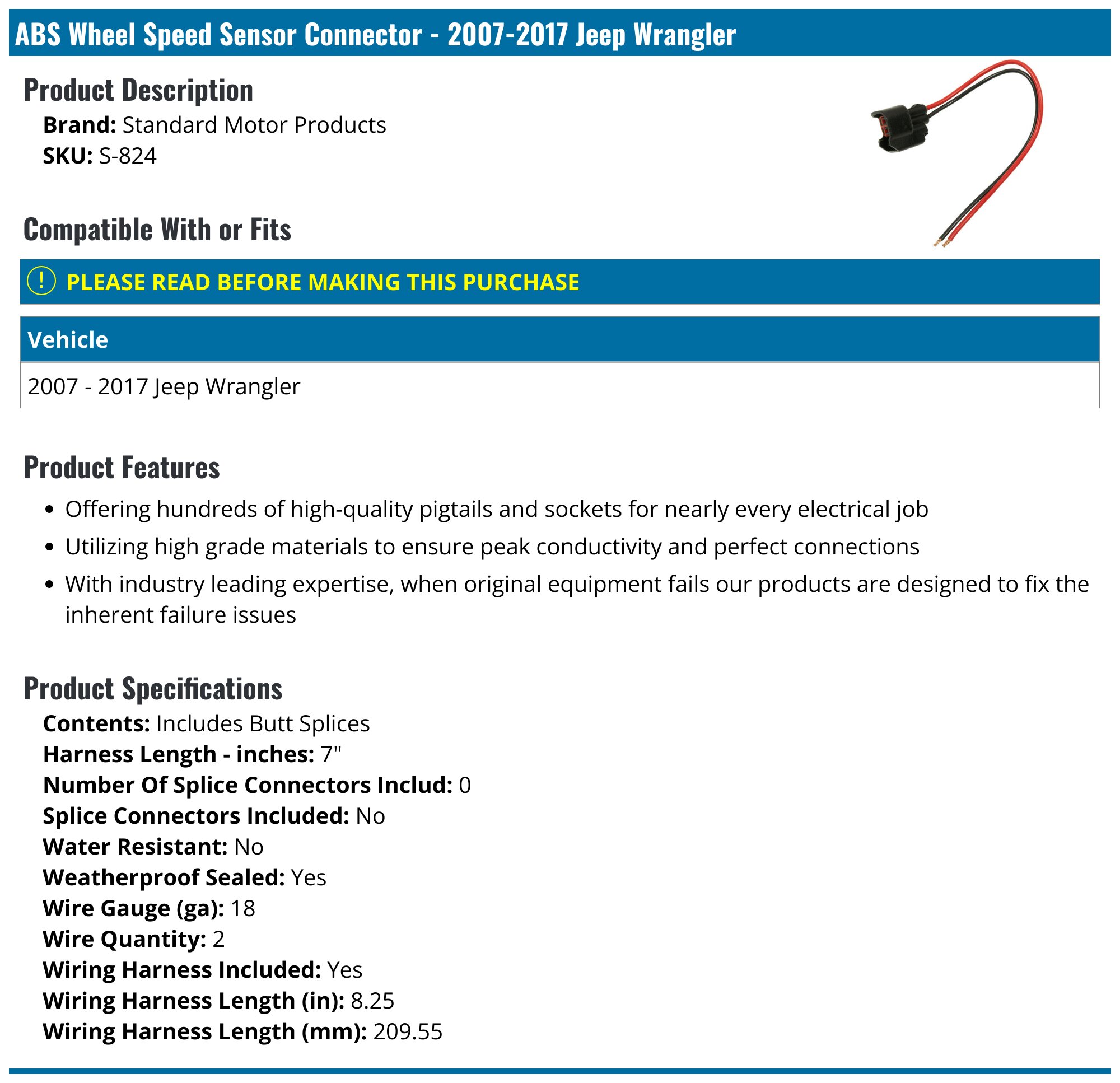 2007-2017 Jeep Wrangler ABS Wheel Speed Sensor Connector - Standard ...