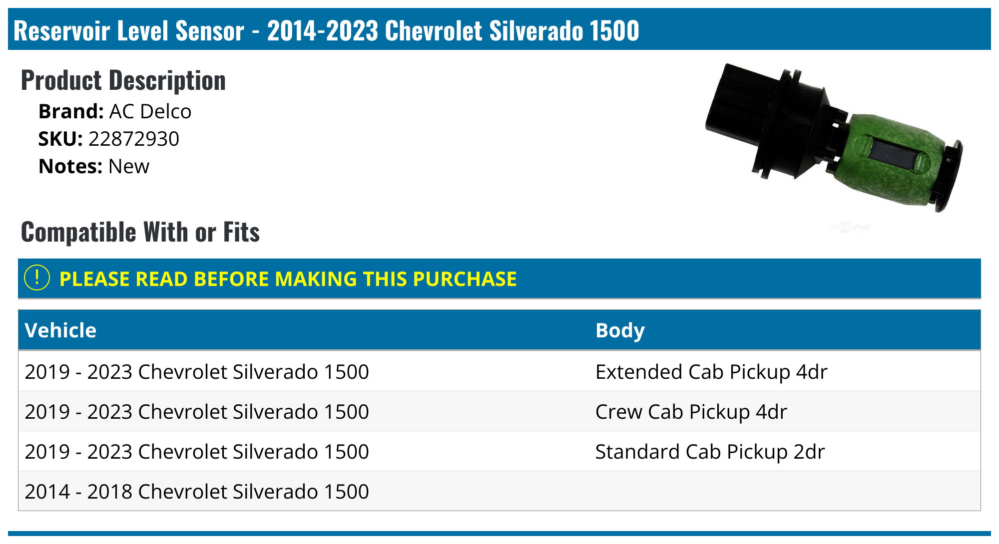 2014-2025 Chevrolet Silverado 1500 Reservoir Level Sensor - AC Delco ...