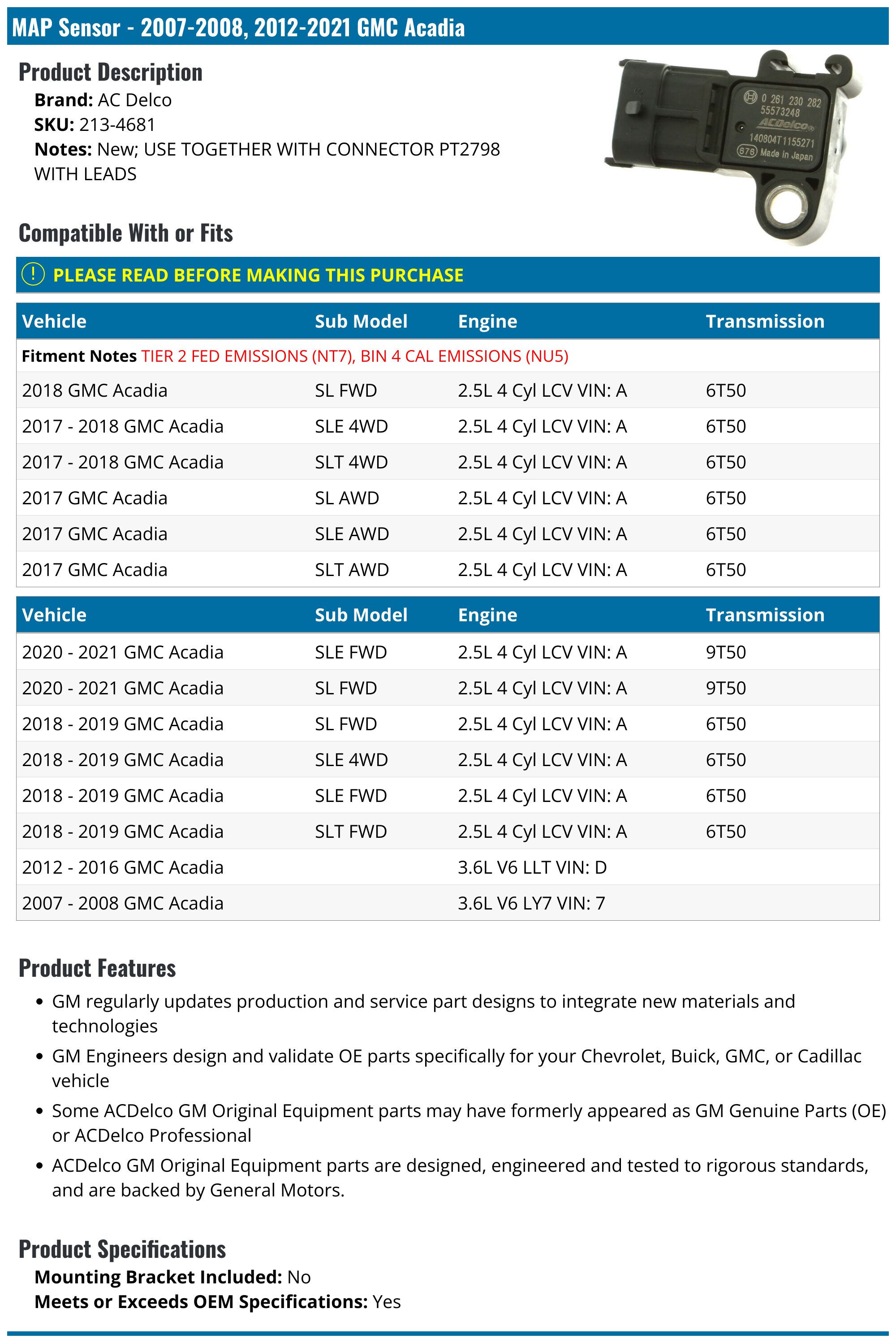 2007-2008, 2012-2021 GMC Acadia MAP Sensor - AC Delco 213-4681 ...