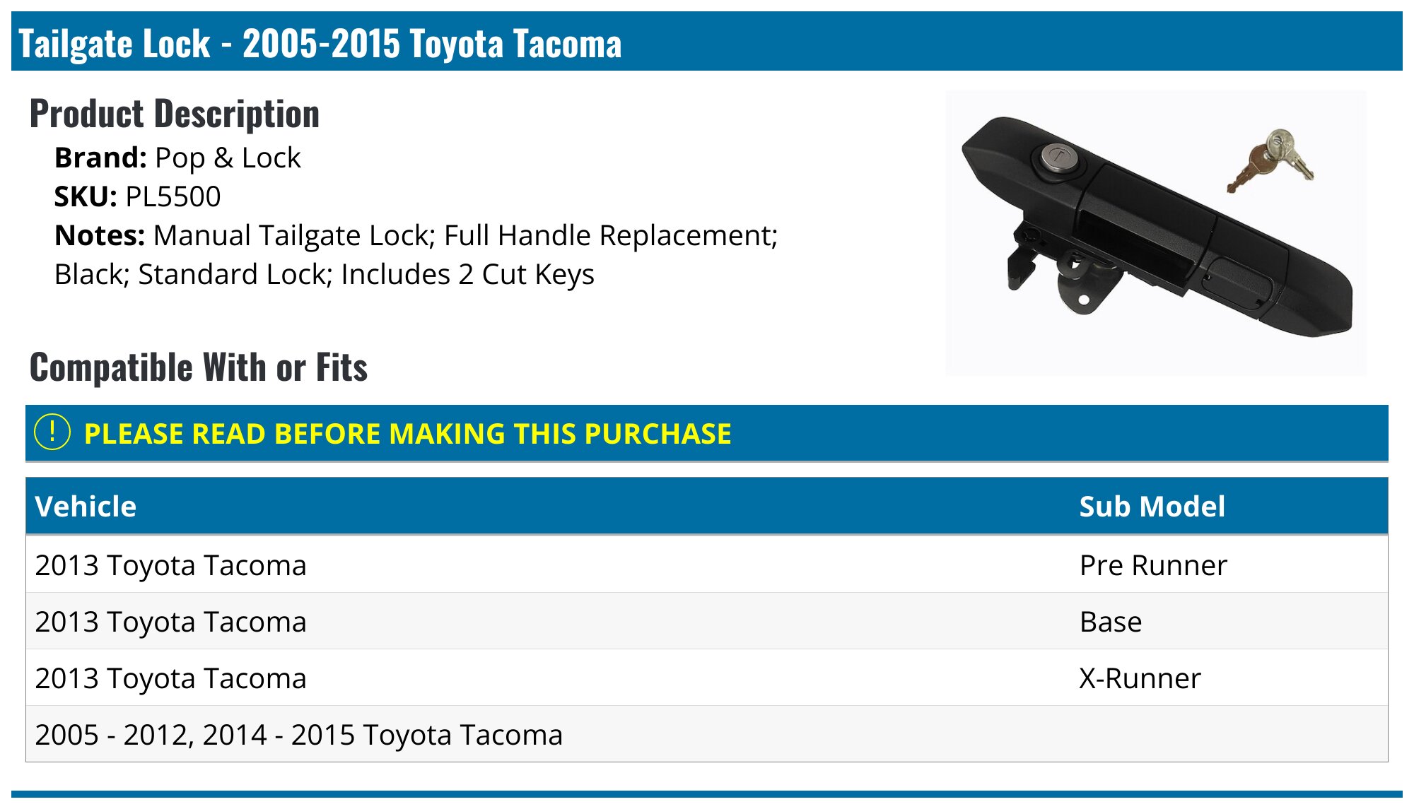 2005-2015 Toyota Tacoma Tailgate Lock - Pop & Lock PL5500 - PartsGeek.com