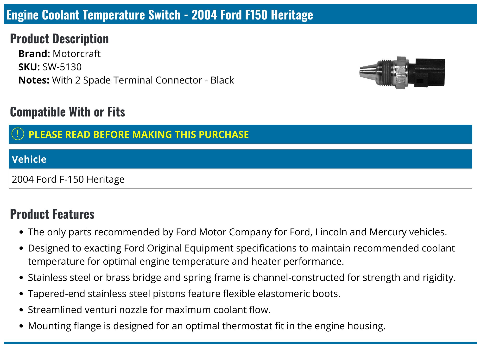 2004 Ford F150 Heritage Coolant Temperature Sensor - Motorcraft SW-5130 ...