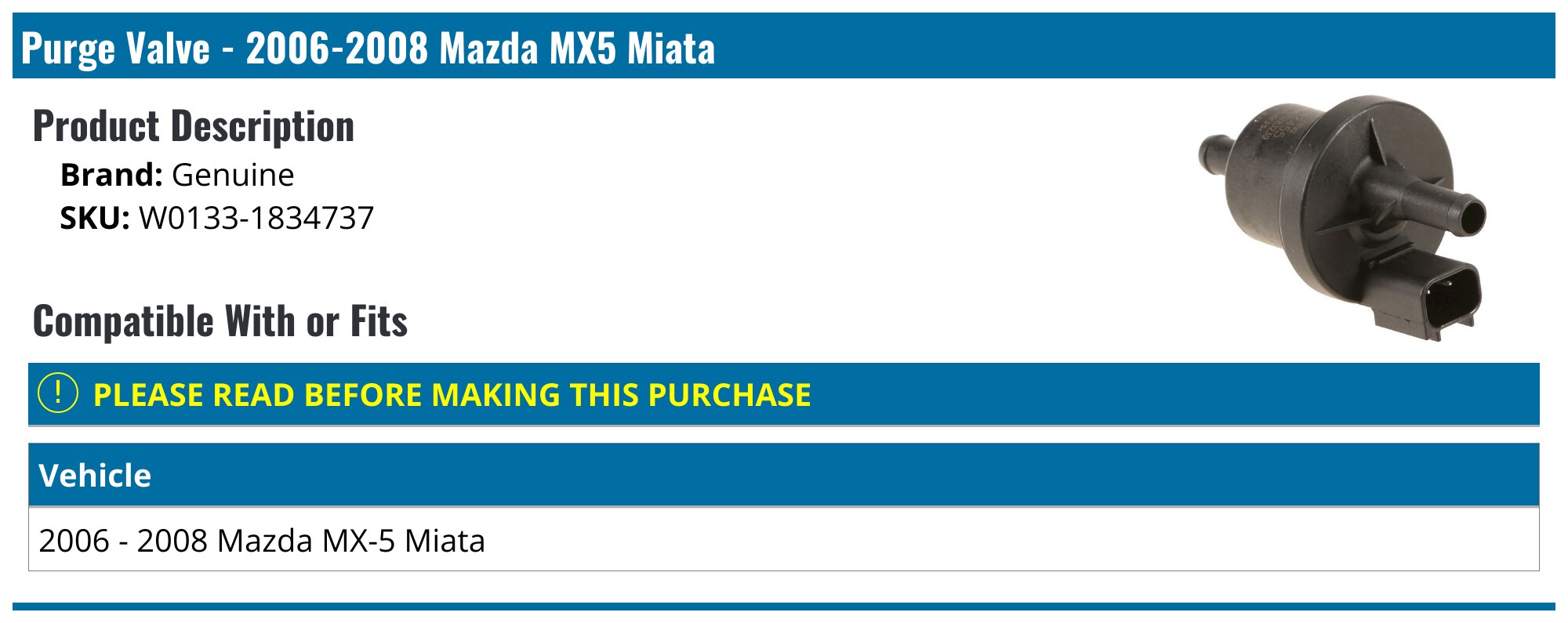 2006-2008 Mazda MX5 Miata Purge Valve - Genuine W0133-1834737 ...