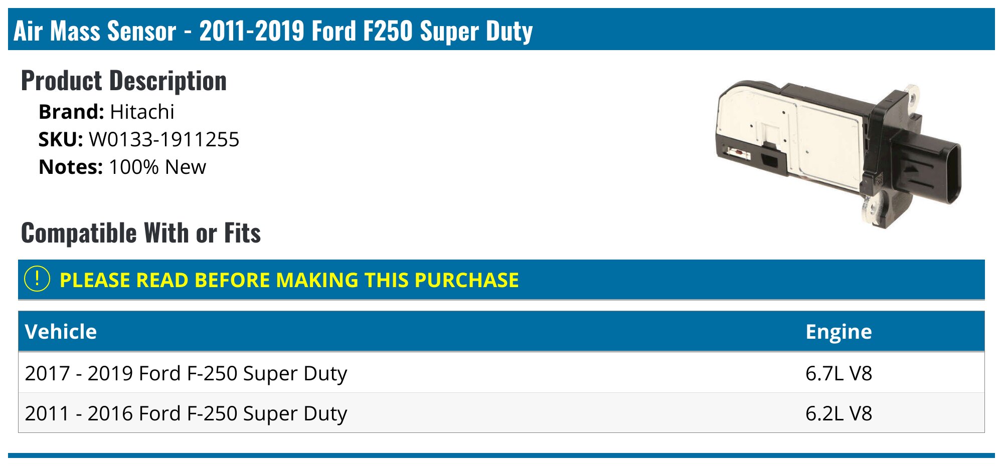 2011-2019 Ford F250 Super Duty Air Mass Sensor - Hitachi W0133-1911255 ...