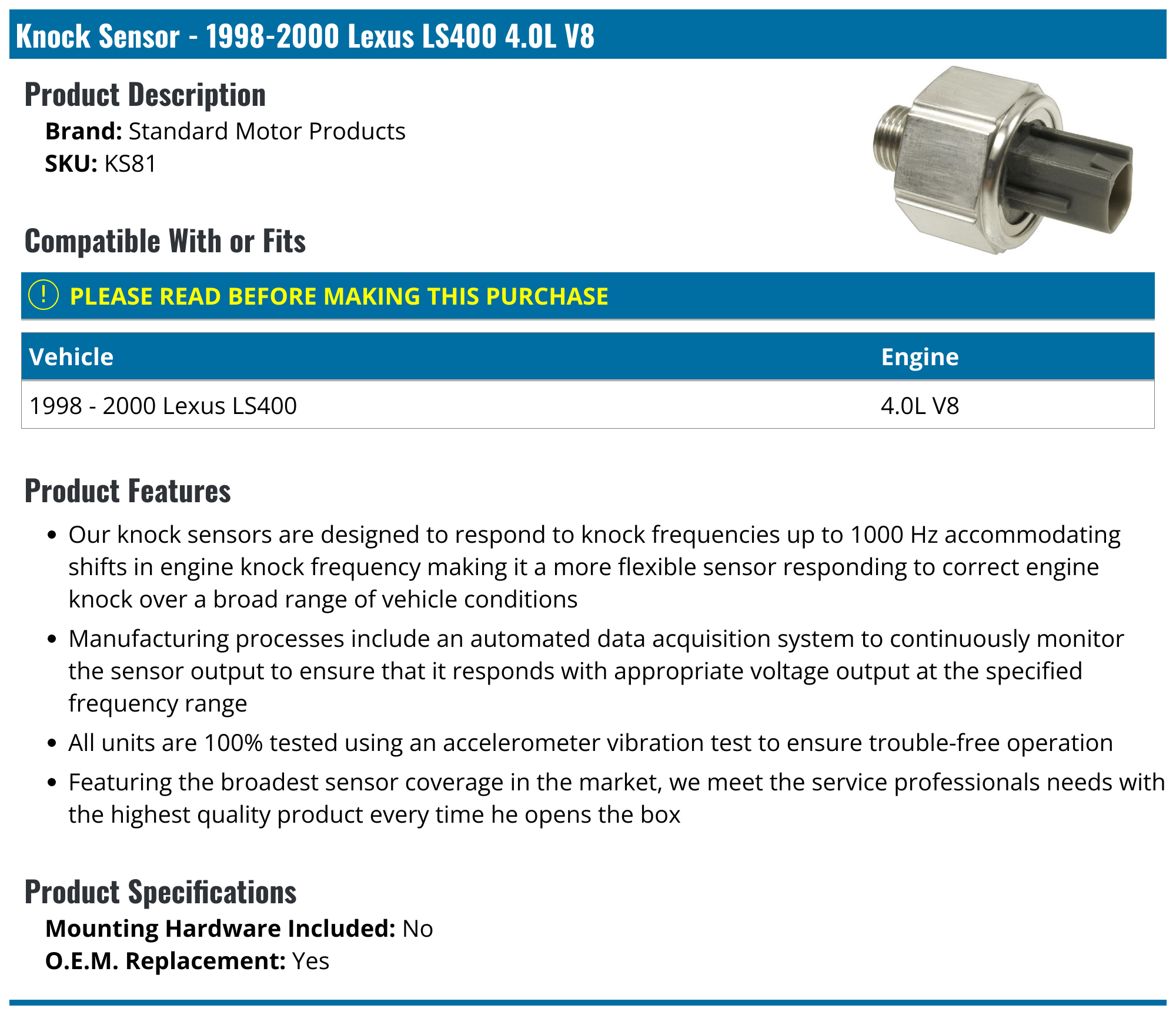 1998-2000 Lexus LS400 Knock Sensor - Standard Motor Products KS81 ...
