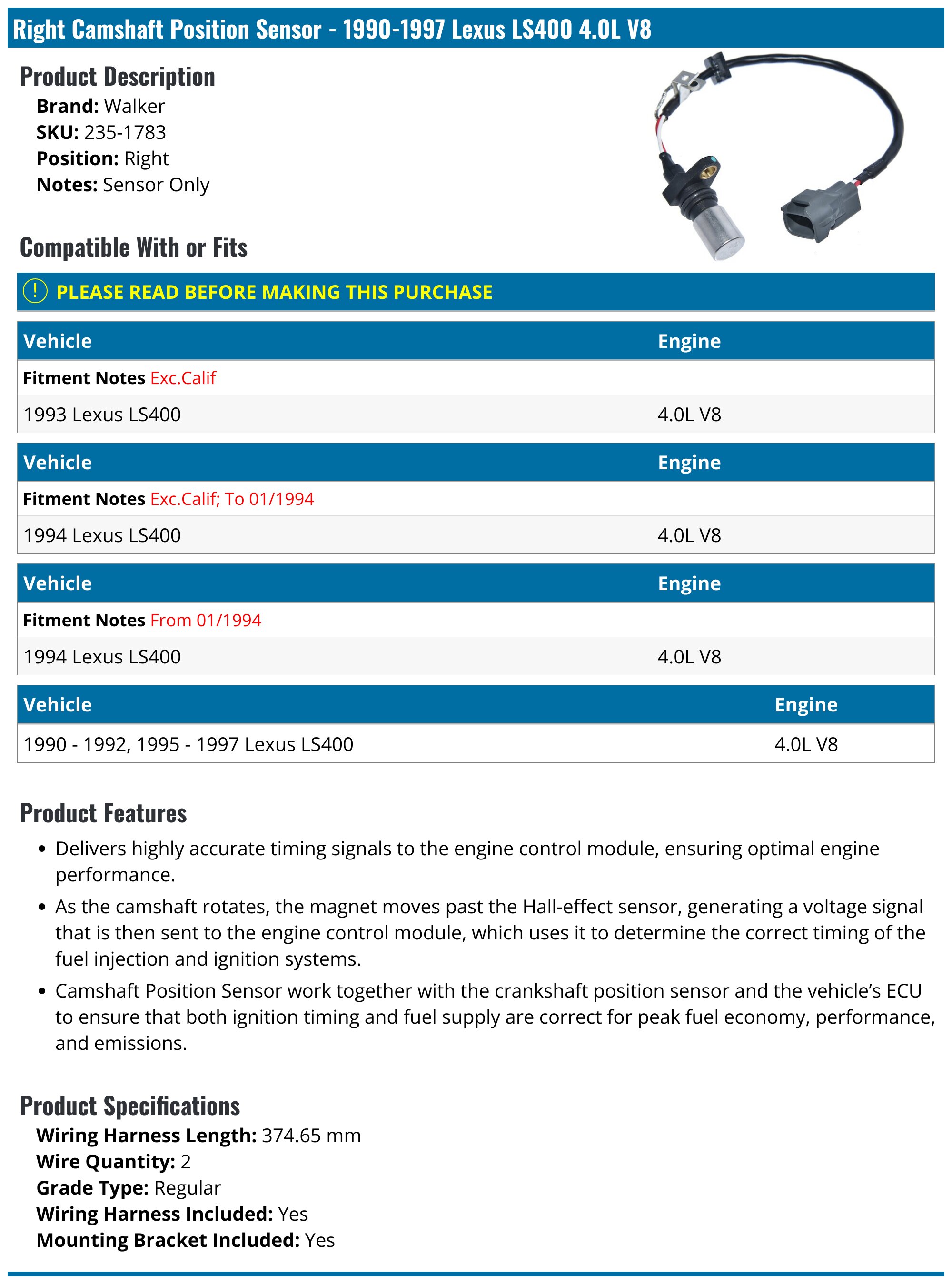 1990-1997 Lexus LS400 Camshaft Position Sensor - Walker 235-1783 ...