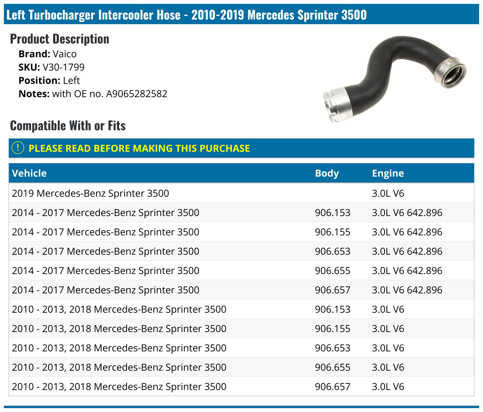 2010-2019 Mercedes Sprinter 3500 Intercooler Hose - Vaico V30-1799 ...