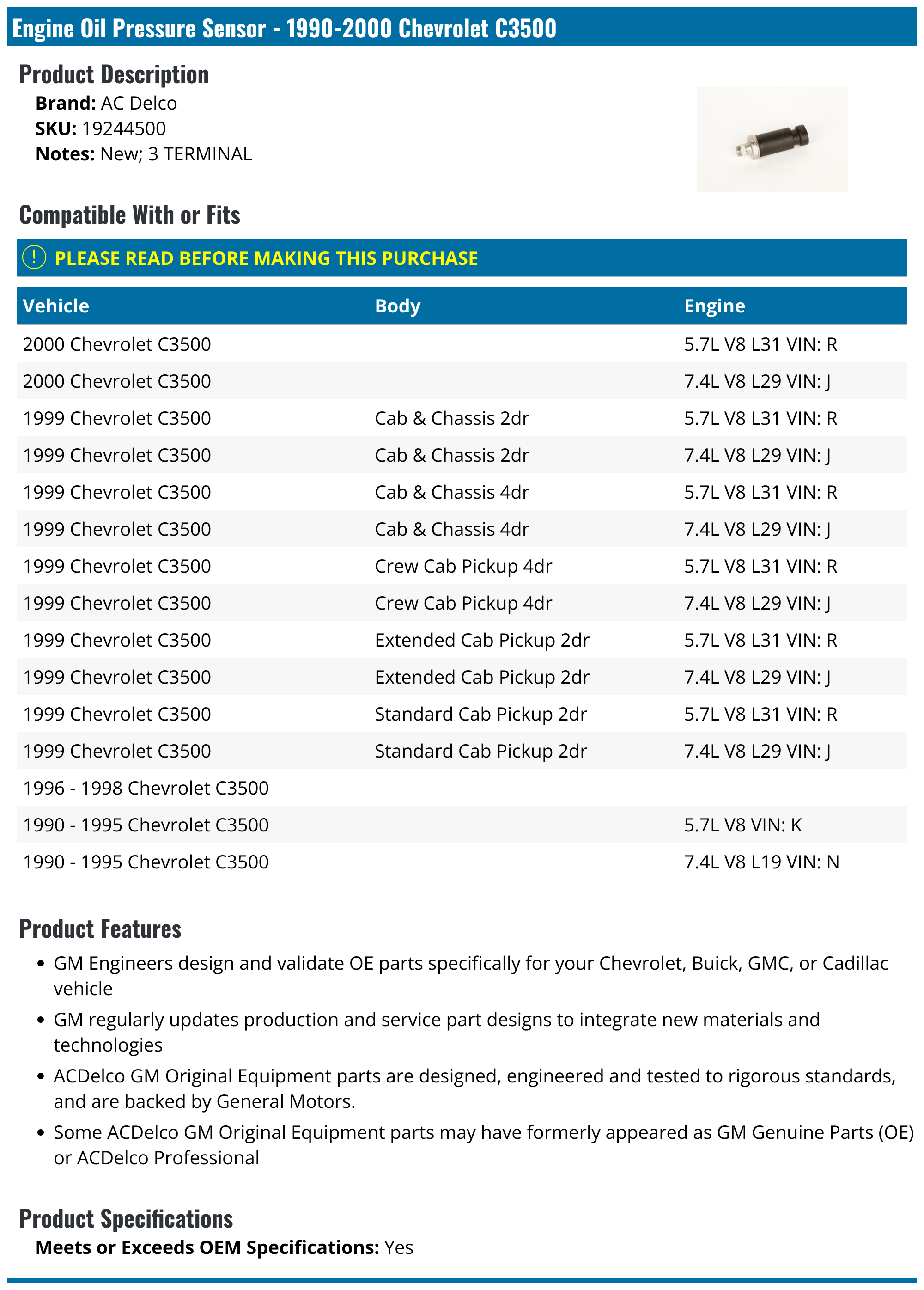 1990-2000 Chevrolet C3500 Engine Oil Pressure Sensor - AC Delco ...