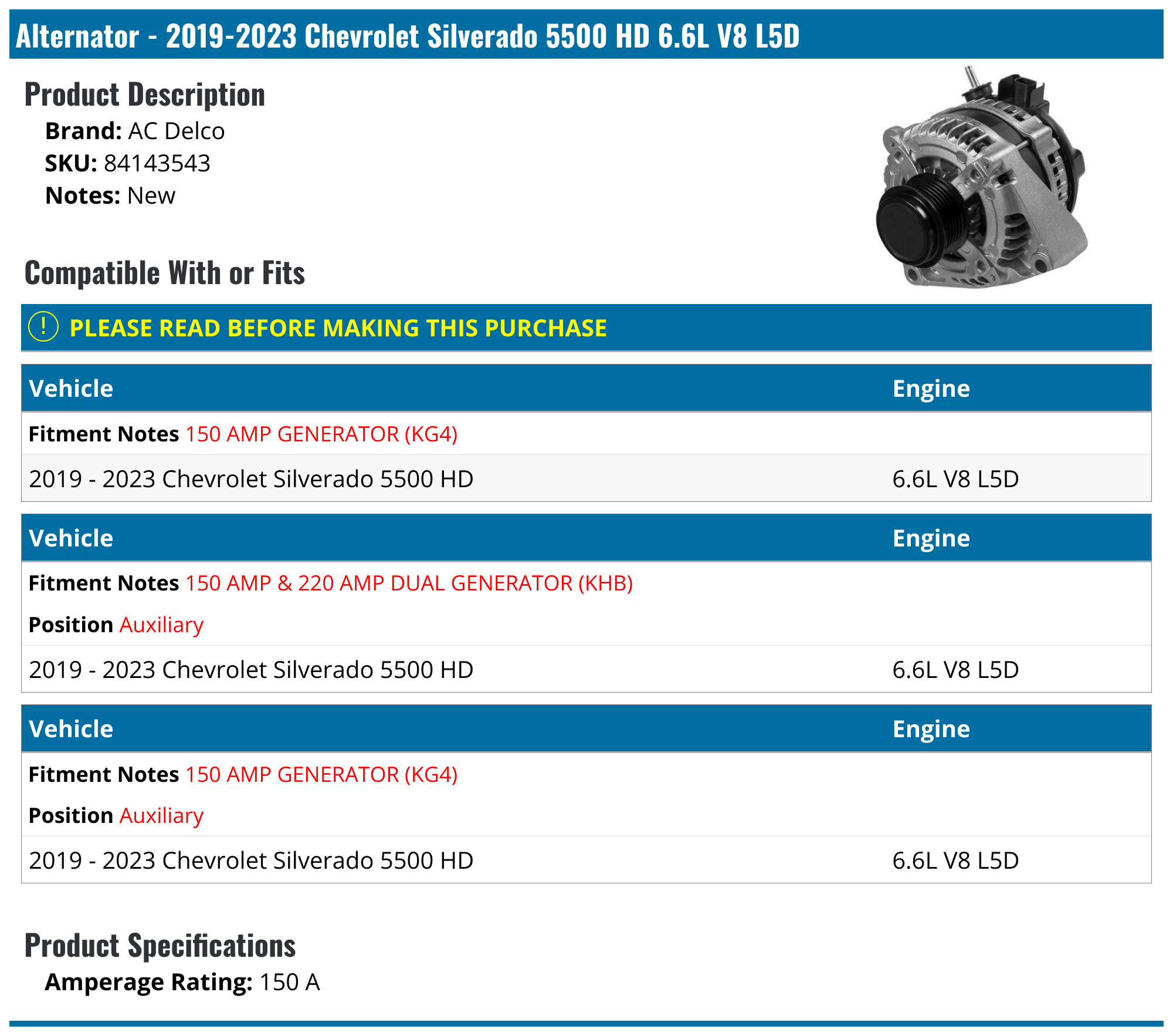 2019-2024 Chevrolet Silverado 5500 HD Alternator - AC Delco 84143543 ...