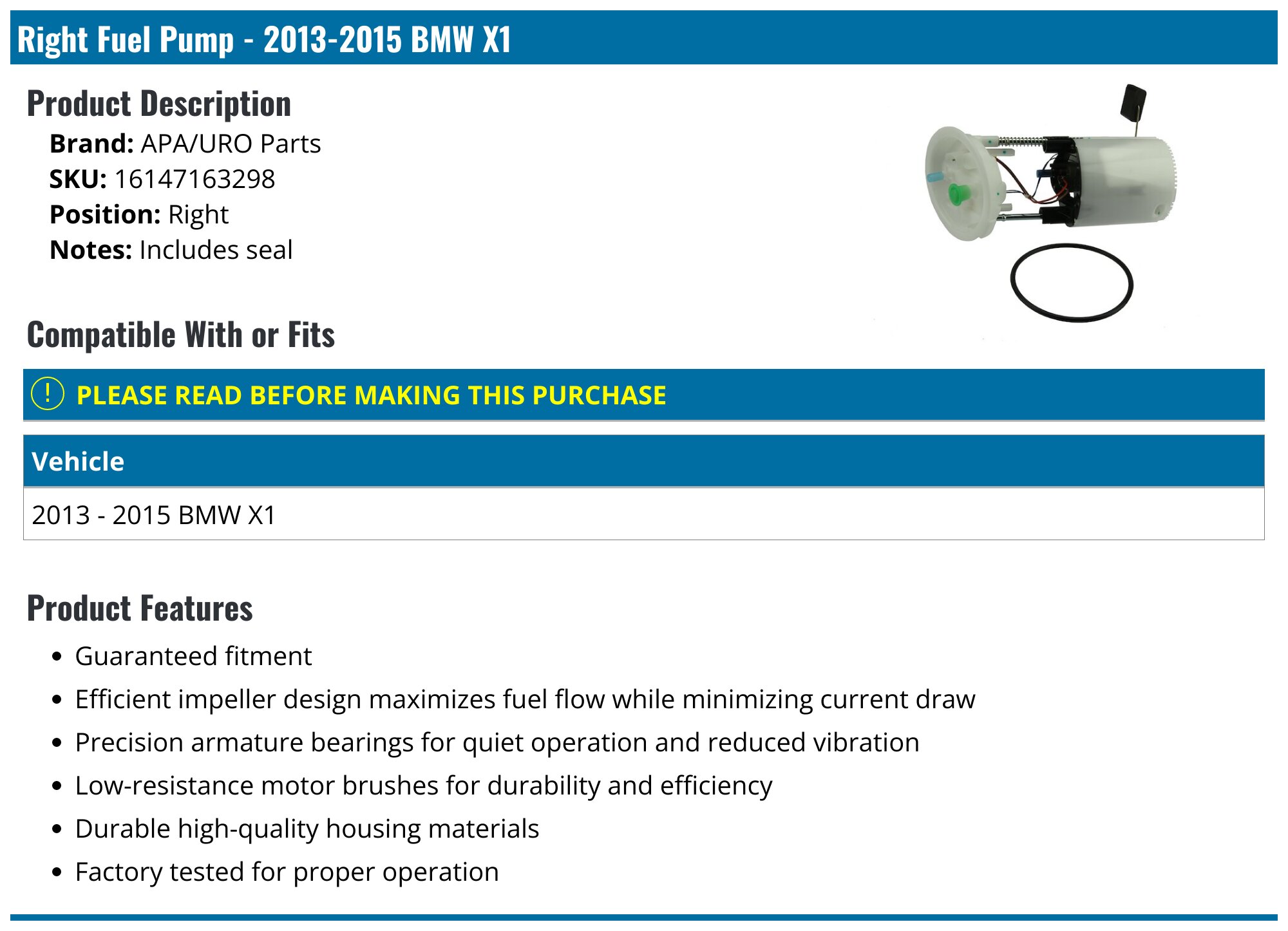 2013-2015 BMW X1 Fuel Pump - APA/URO Parts 16147163298 - Right ...
