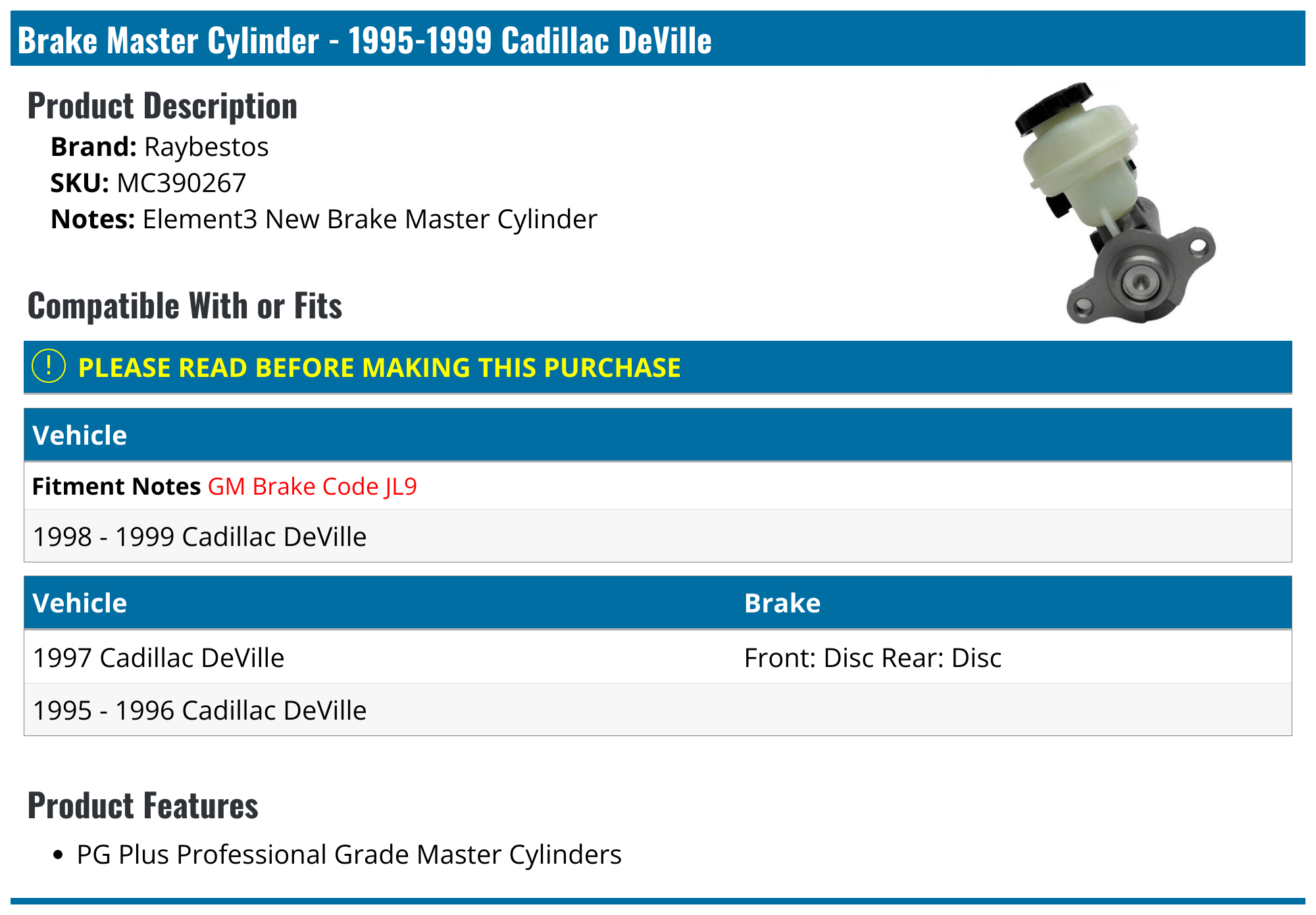 1995-1999 Cadillac DeVille Brake Master Cylinder - Raybestos MC390267 ...