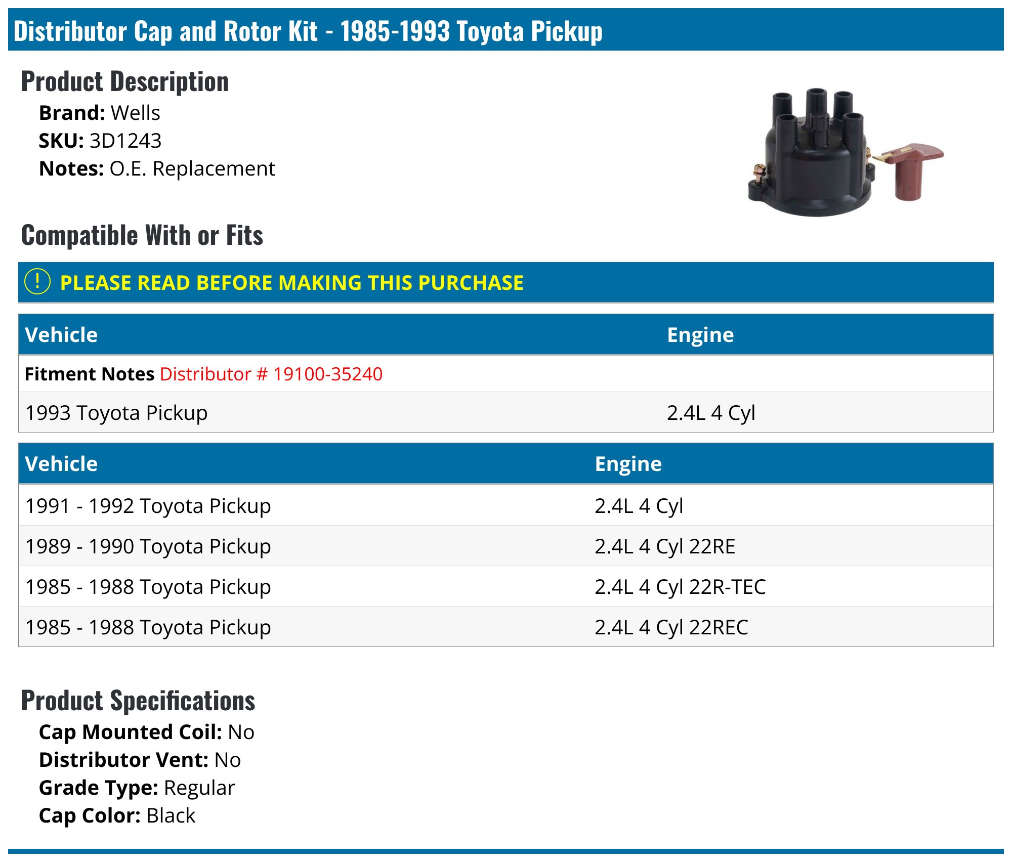 1985-1993 Toyota Pickup Distributor Cap - Wells 3D1243 - PartsGeek.com