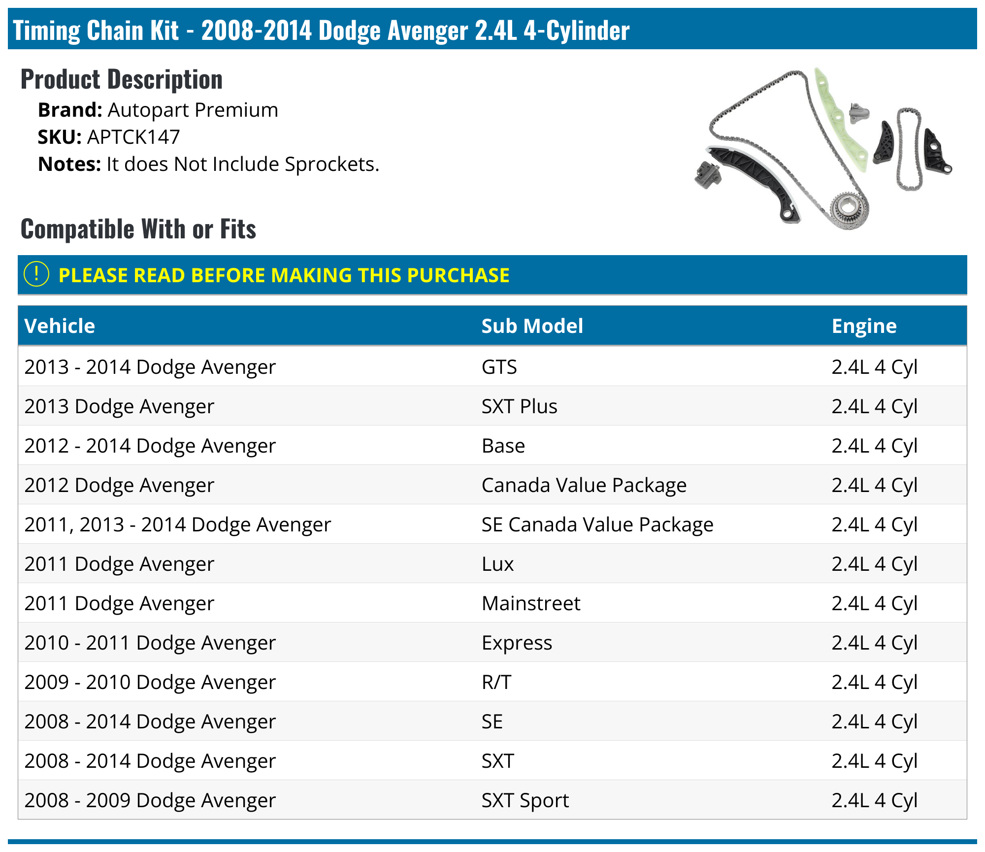 2008-2014 Dodge Avenger Timing Chain - Autopart Premium APTCK147 ...