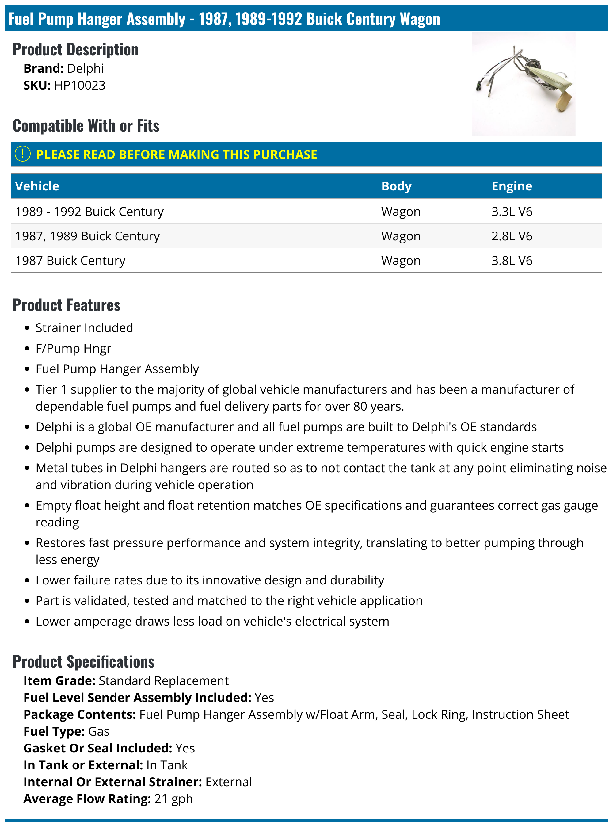 1987, 1989-1992 Buick Century Fuel Pump - Delphi HP10023 - PartsGeek.com