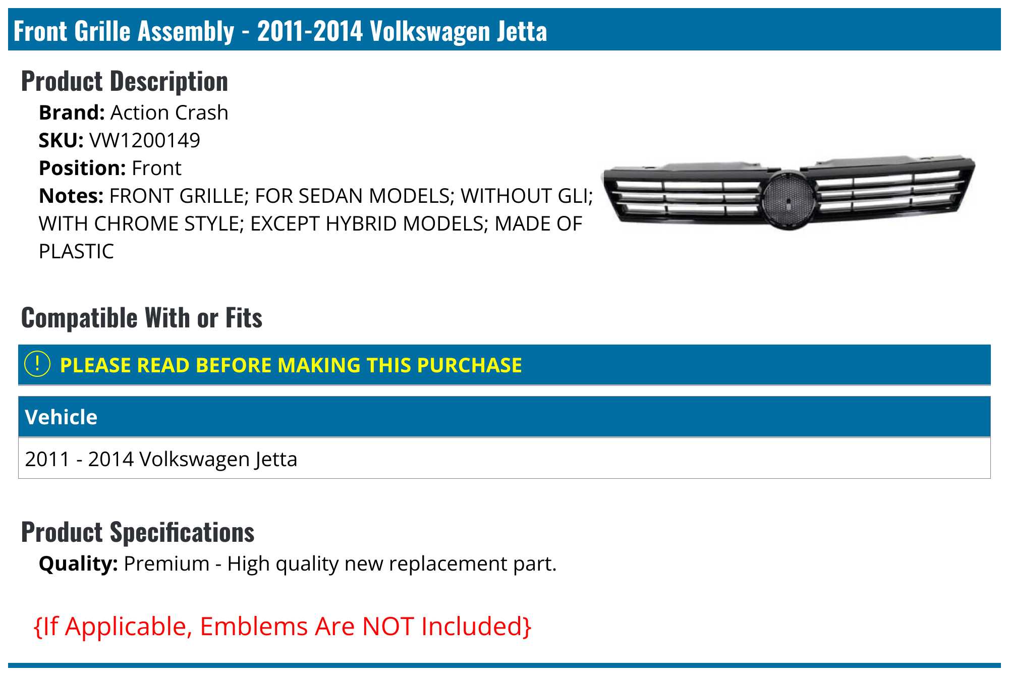 2011-2014 Volkswagen Jetta Grille Assembly - Action Crash VW1200149 ...
