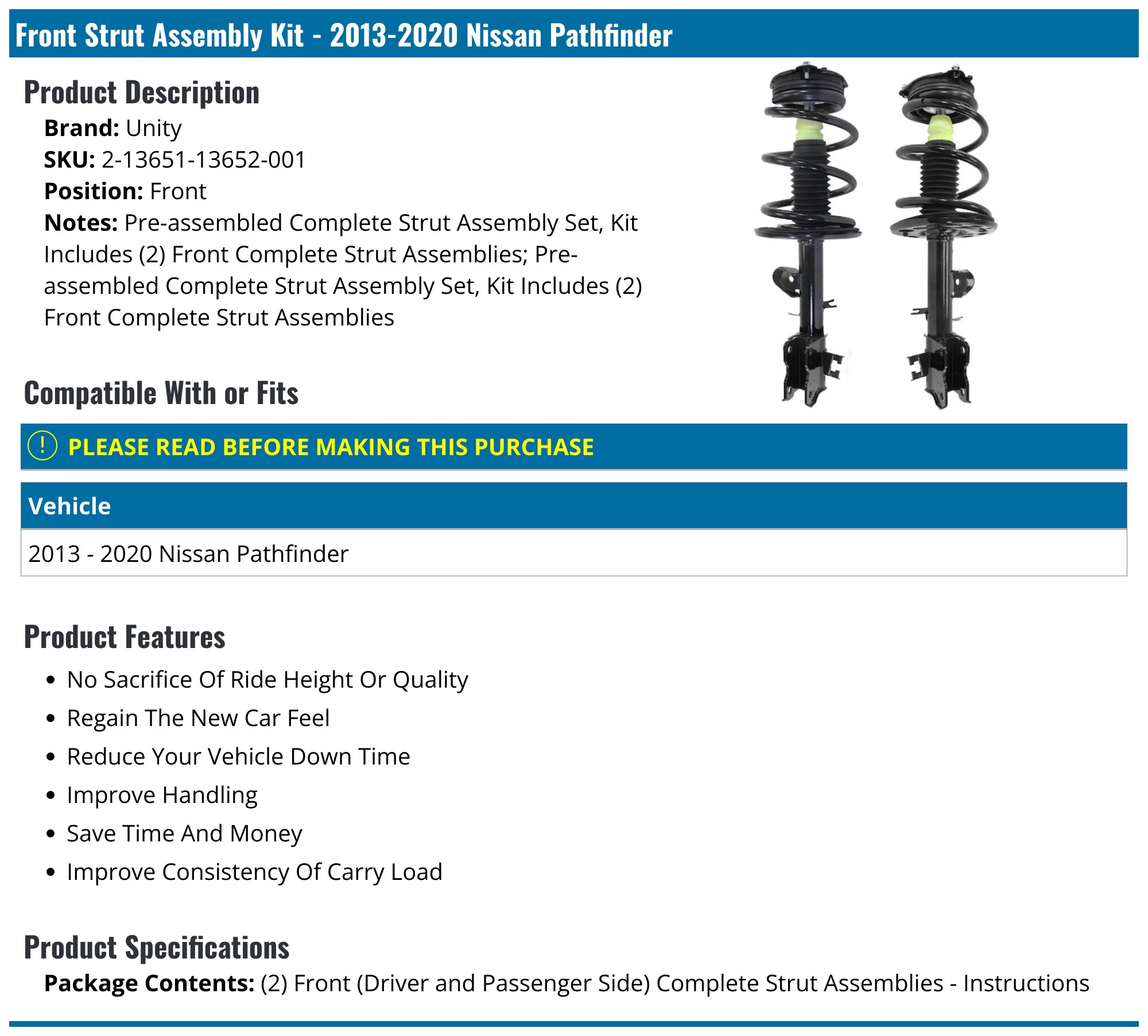 2013-2020 Nissan Pathfinder Strut Assembly - Unity 2-13651-13652-001 ...