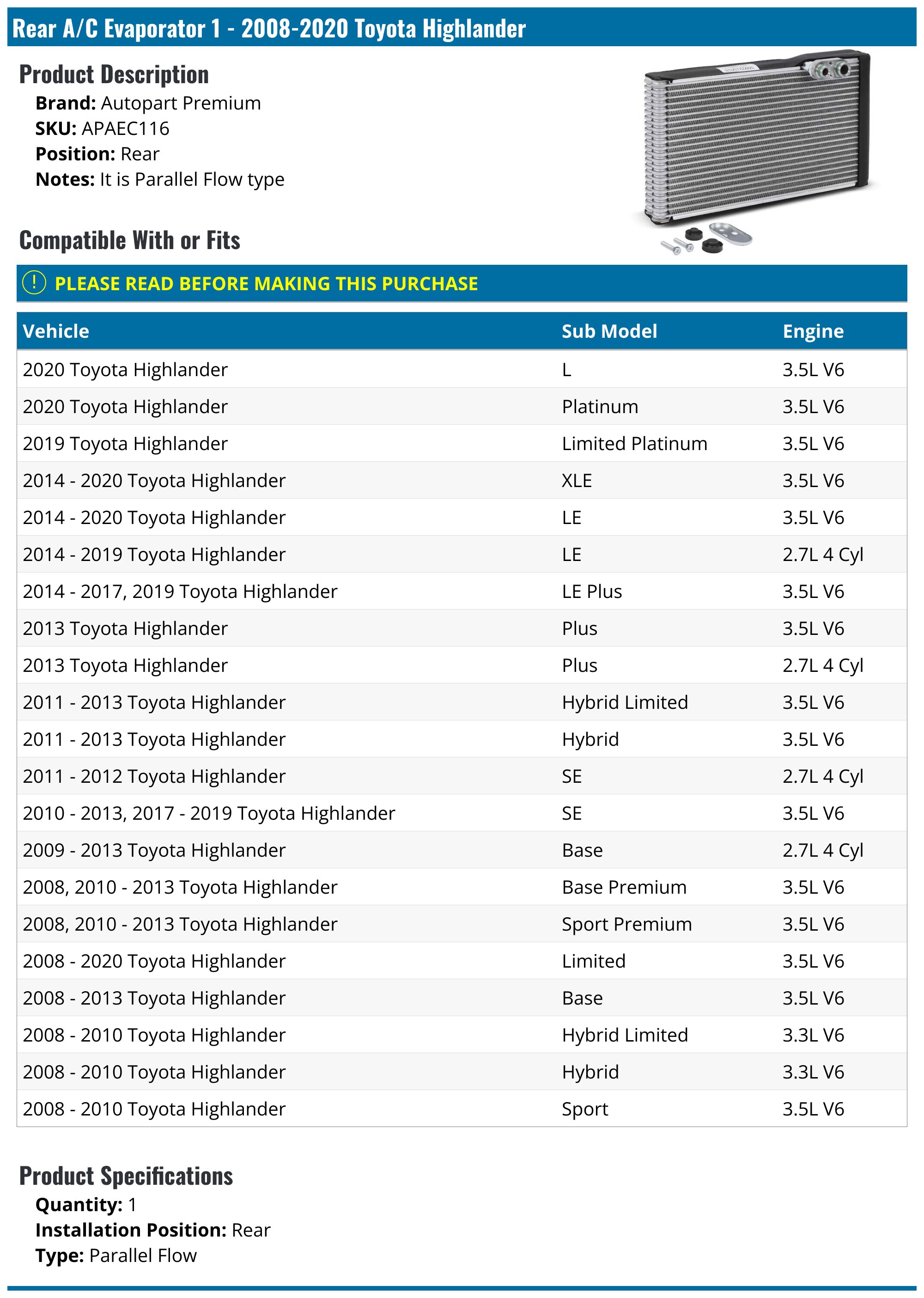 2008-2020 Toyota Highlander A/C Evaporator - Autopart Premium APAEC116 ...