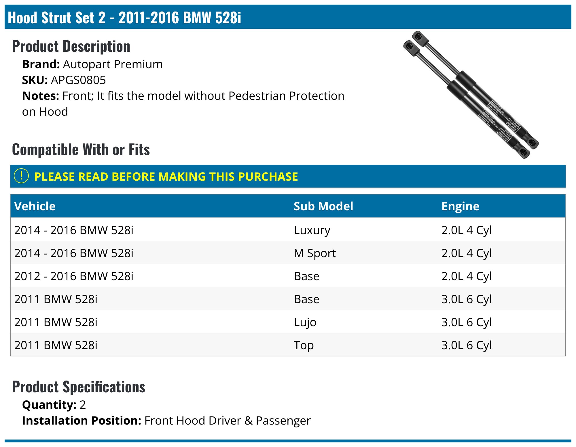 2011-2016 BMW 528i Hood Strut - Autopart Premium APGS0805 - Front Hood ...