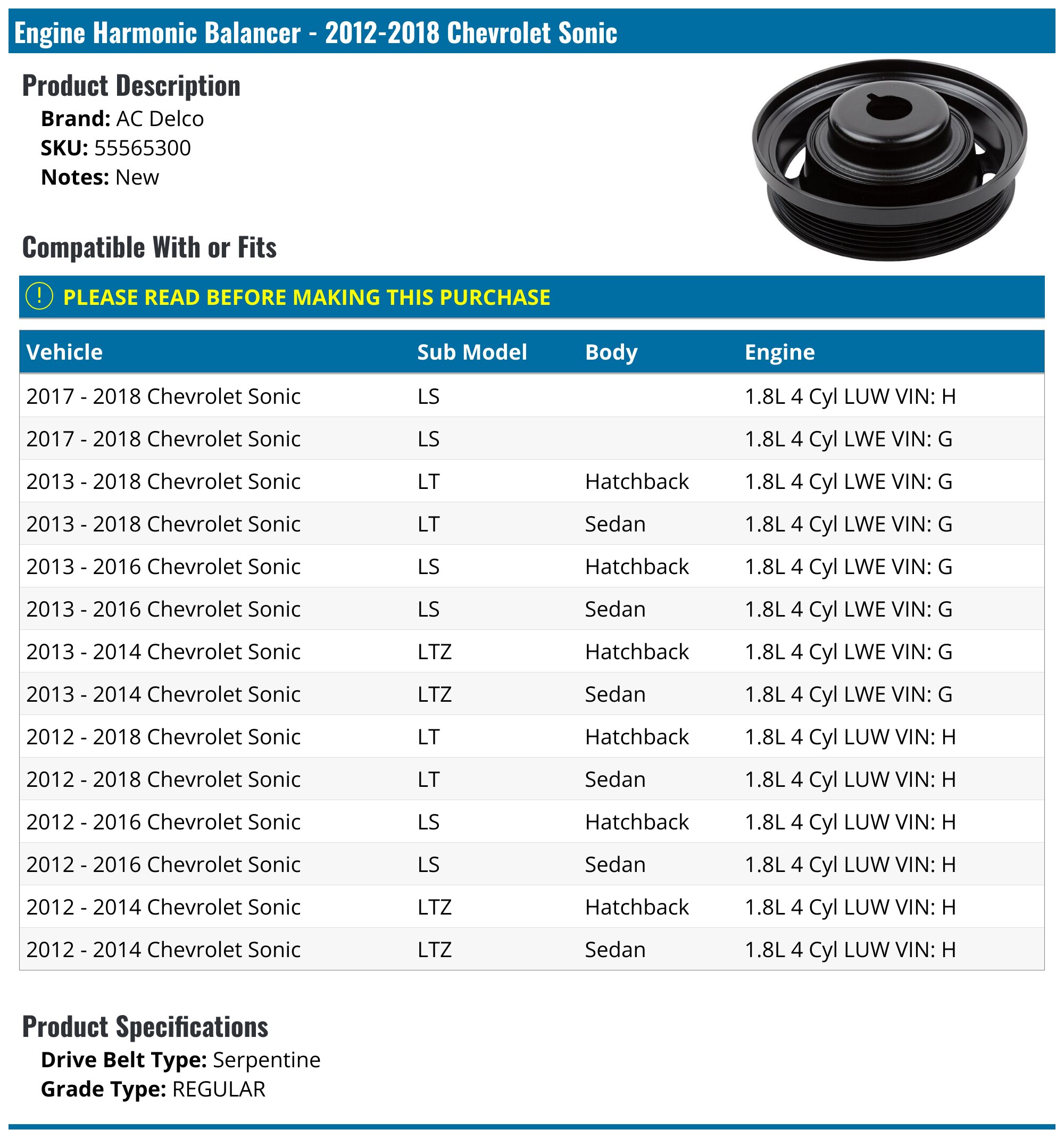 2012-2018 Chevrolet Sonic Engine Harmonic Balancer - AC Delco 55565300 ...