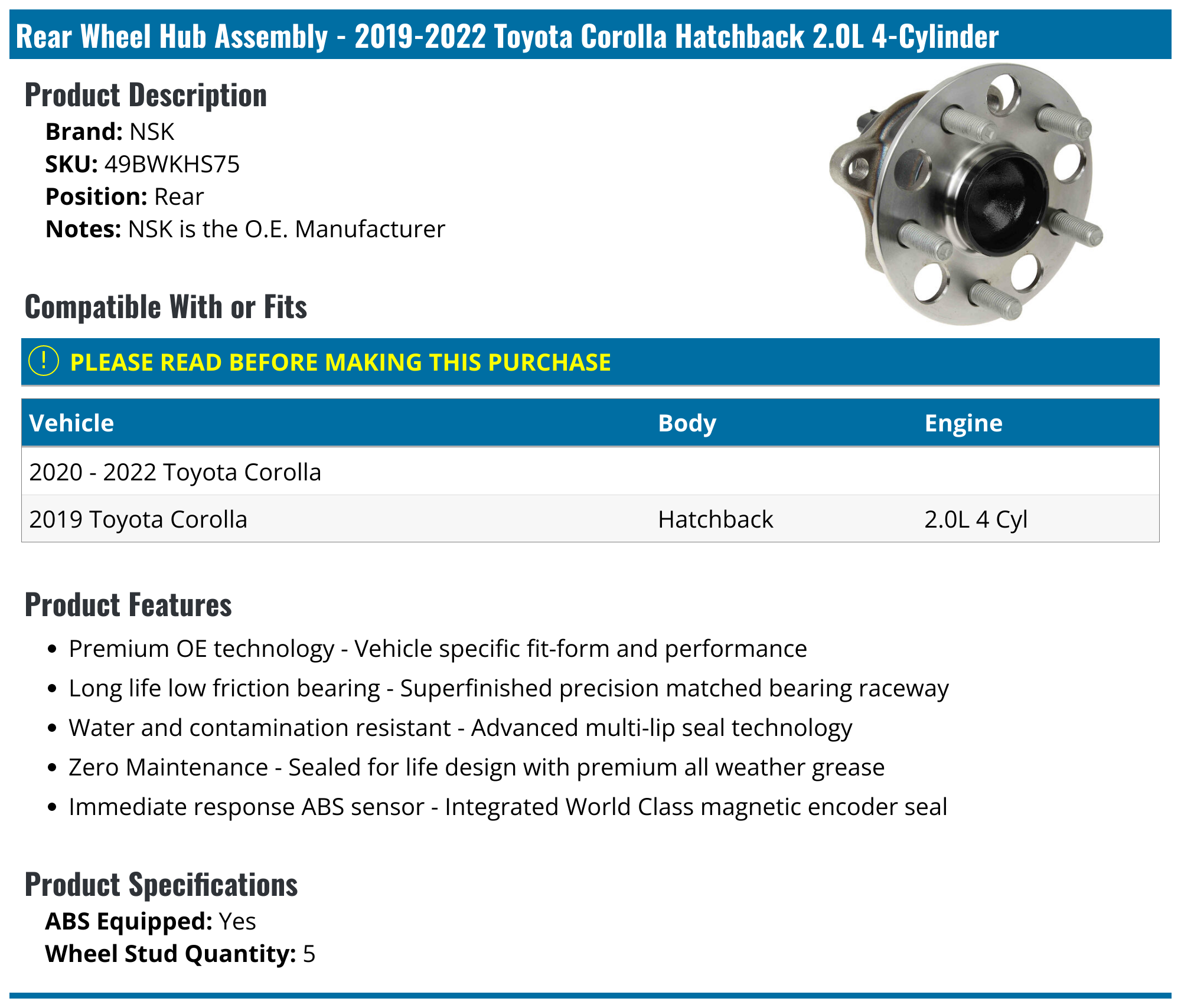 2019-2022 Toyota Corolla Wheel Hub Assembly - NSK 49BWKHS75 - Rear ...
