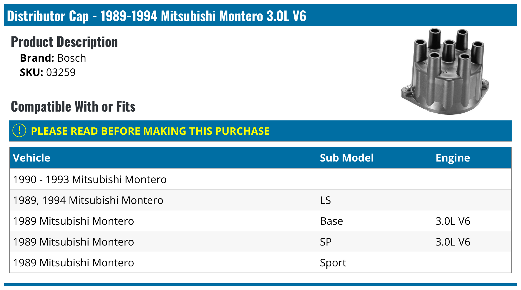 1989-1994 Mitsubishi Montero Distributor Cap - Bosch 03259 - PartsGeek.com