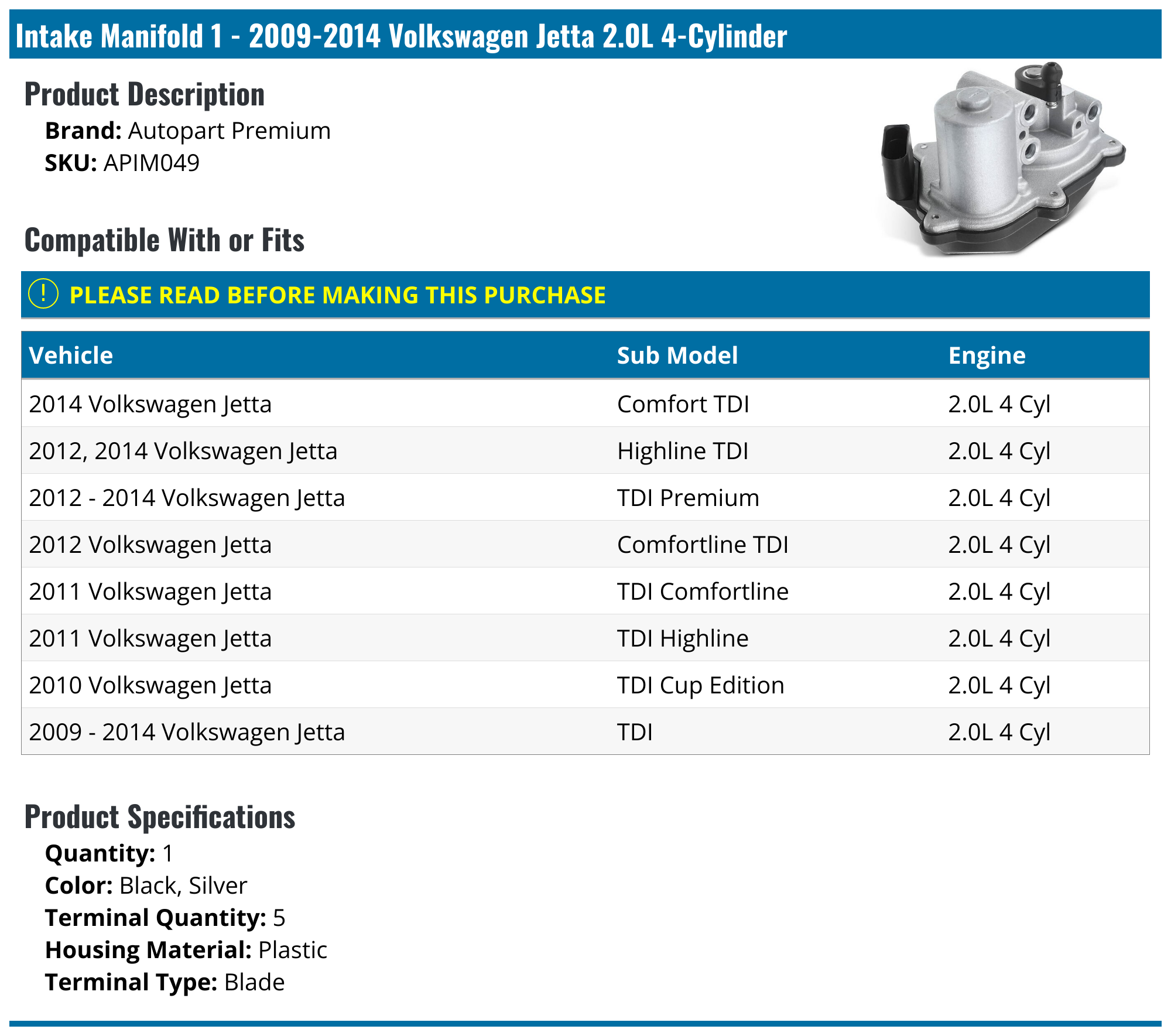 2009-2014 Volkswagen Jetta Intake Manifold Actuator - Autopart Premium ...
