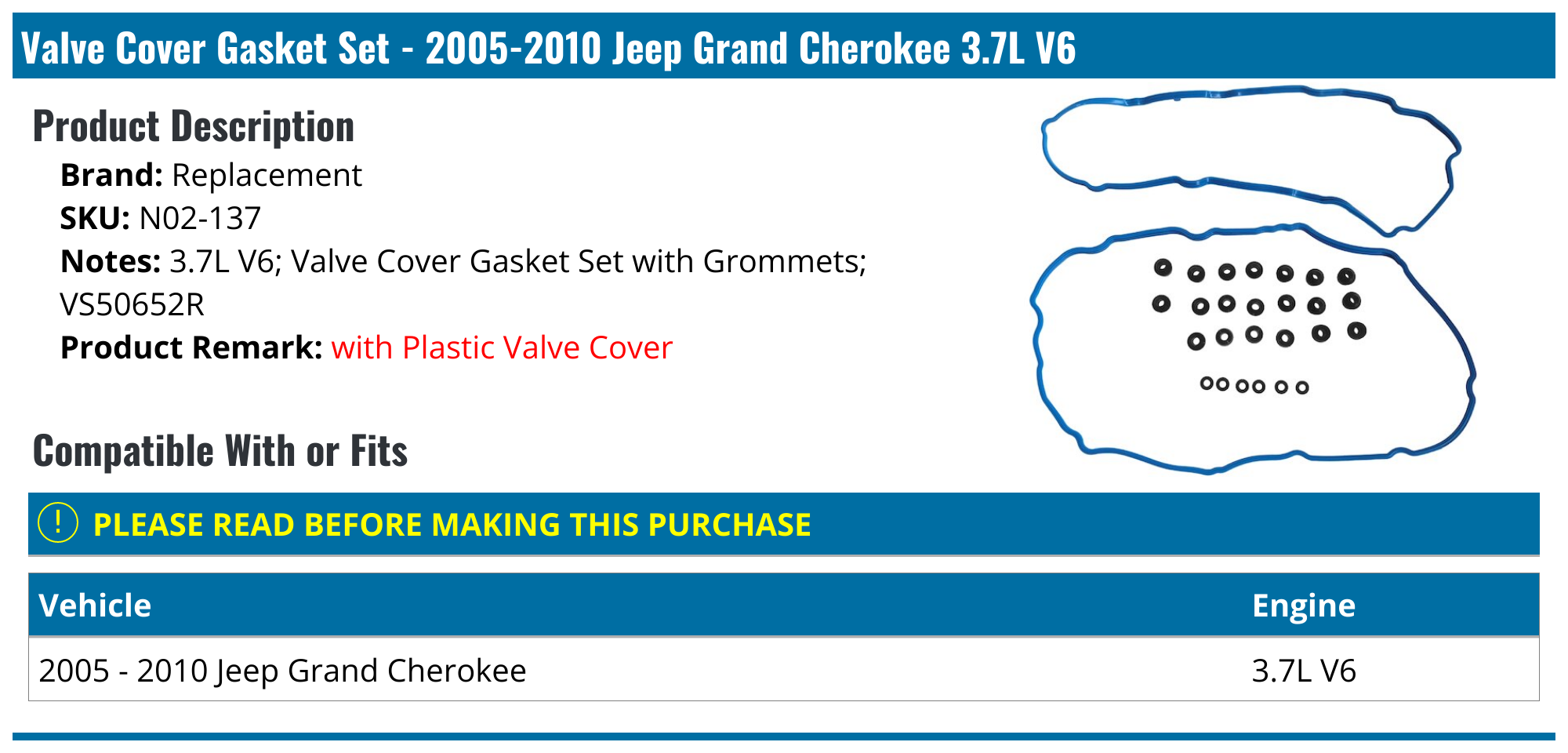 2005-2010 Jeep Grand Cherokee Valve Cover Gasket - Replacement N02-137 ...