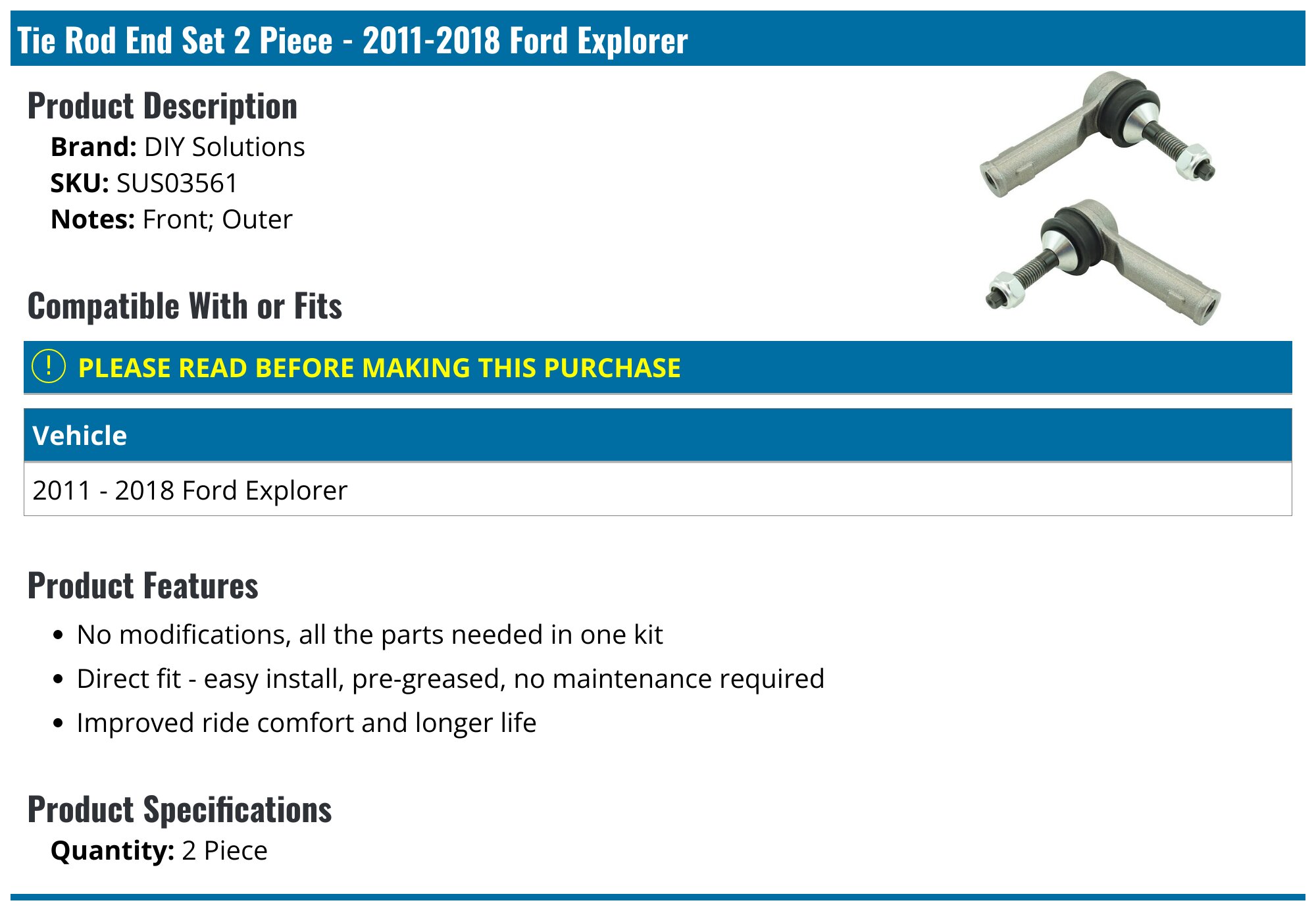 2011-2018 Ford Explorer Tie Rod End - DIY Solutions SUS03561 ...