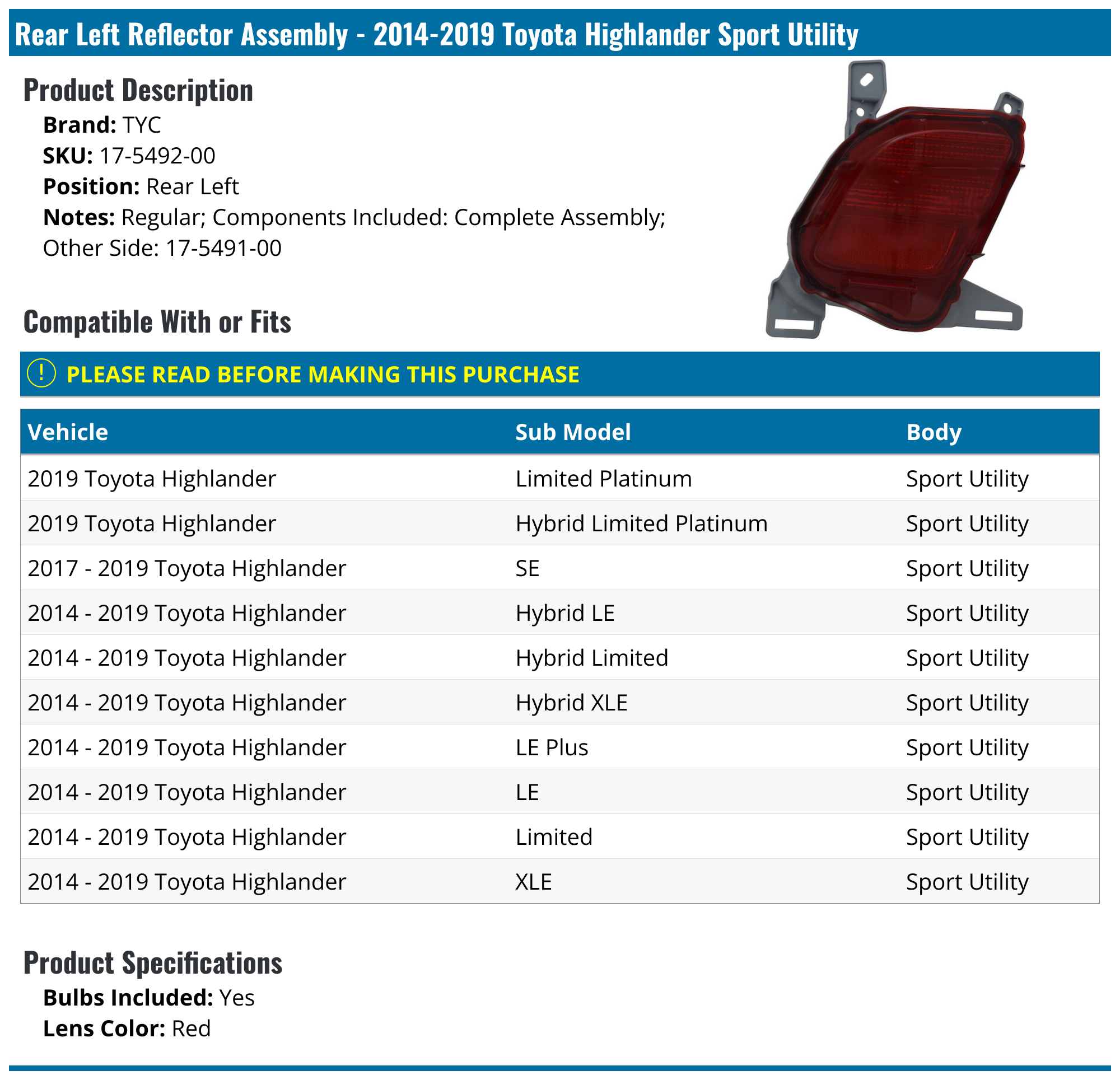 2014-2019 Toyota Highlander Reflector Assembly - TYC 17-5492-00 - Rear ...