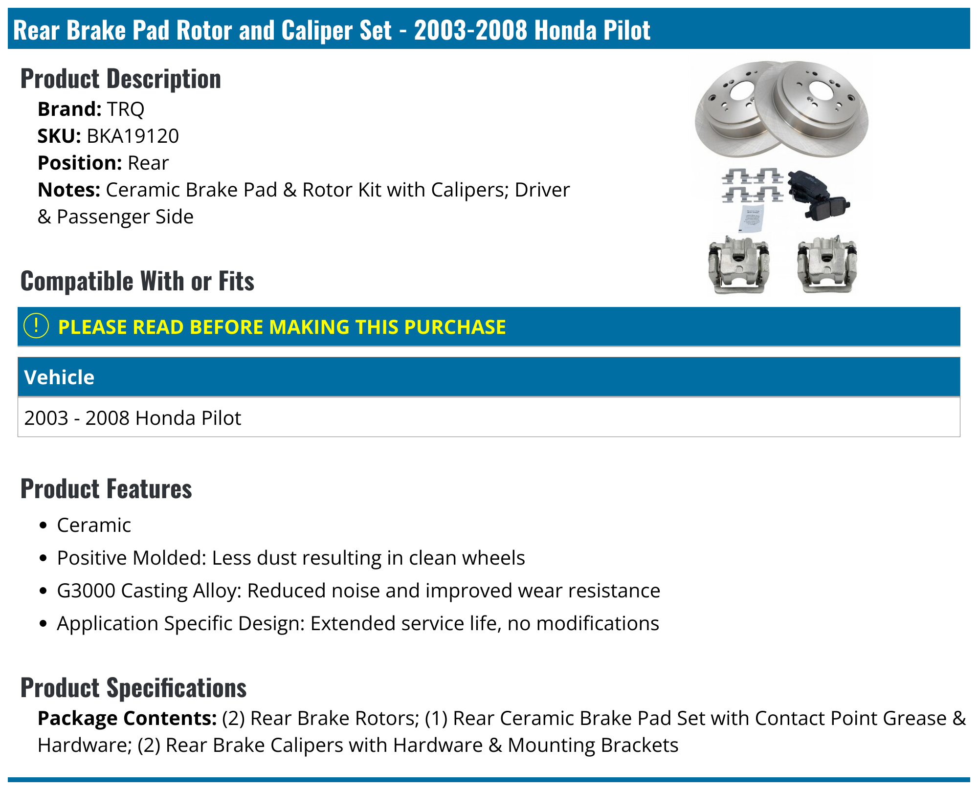 2003-2008 Honda Pilot Brake Rotor - TRQ BKA19120 - Rear - PartsGeek.com