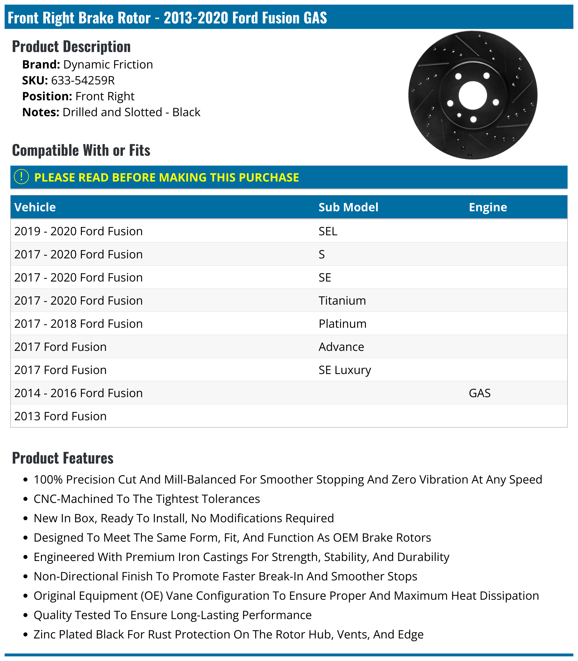 2013-2020 Ford Fusion Brake Rotor - Dynamic Friction 633-54259R - Front ...