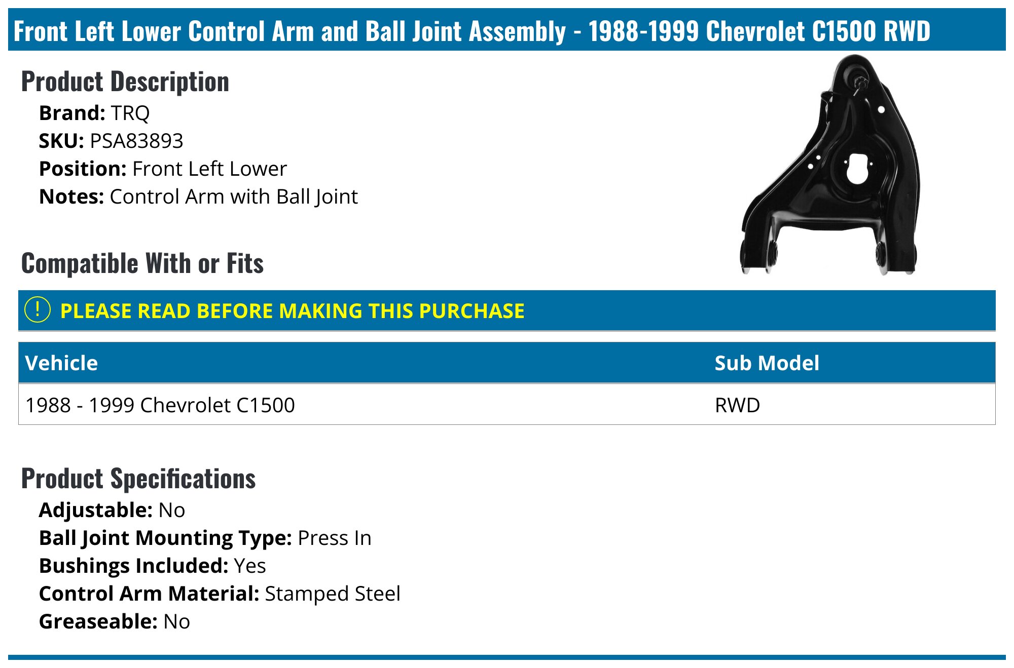 1988-1999 Chevrolet C1500 Control Arm - TRQ PSA83893 - Front Left Lower ...