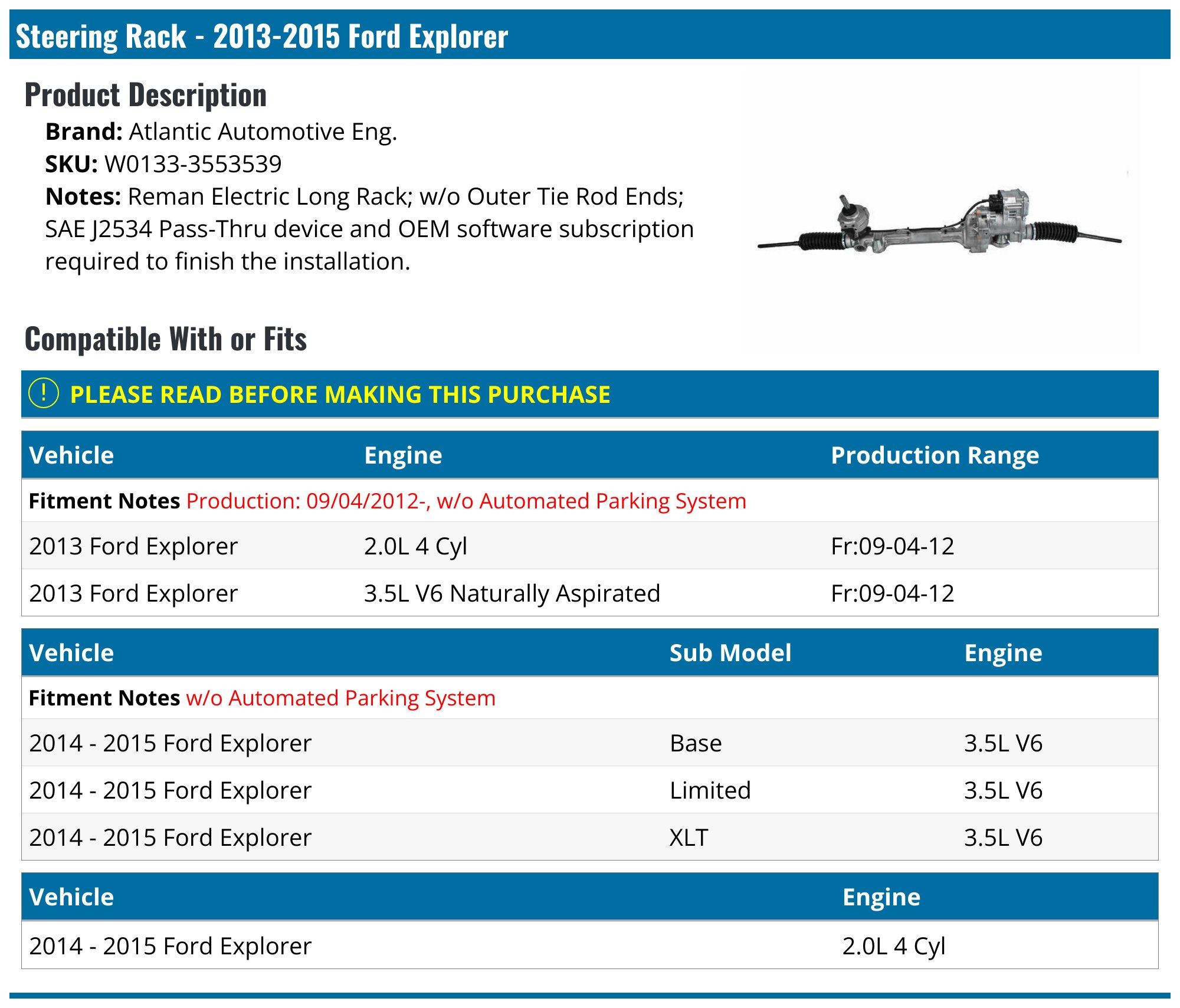 2013-2015 Ford Explorer Steering Rack - Atlantic Automotive Eng. W0133 ...
