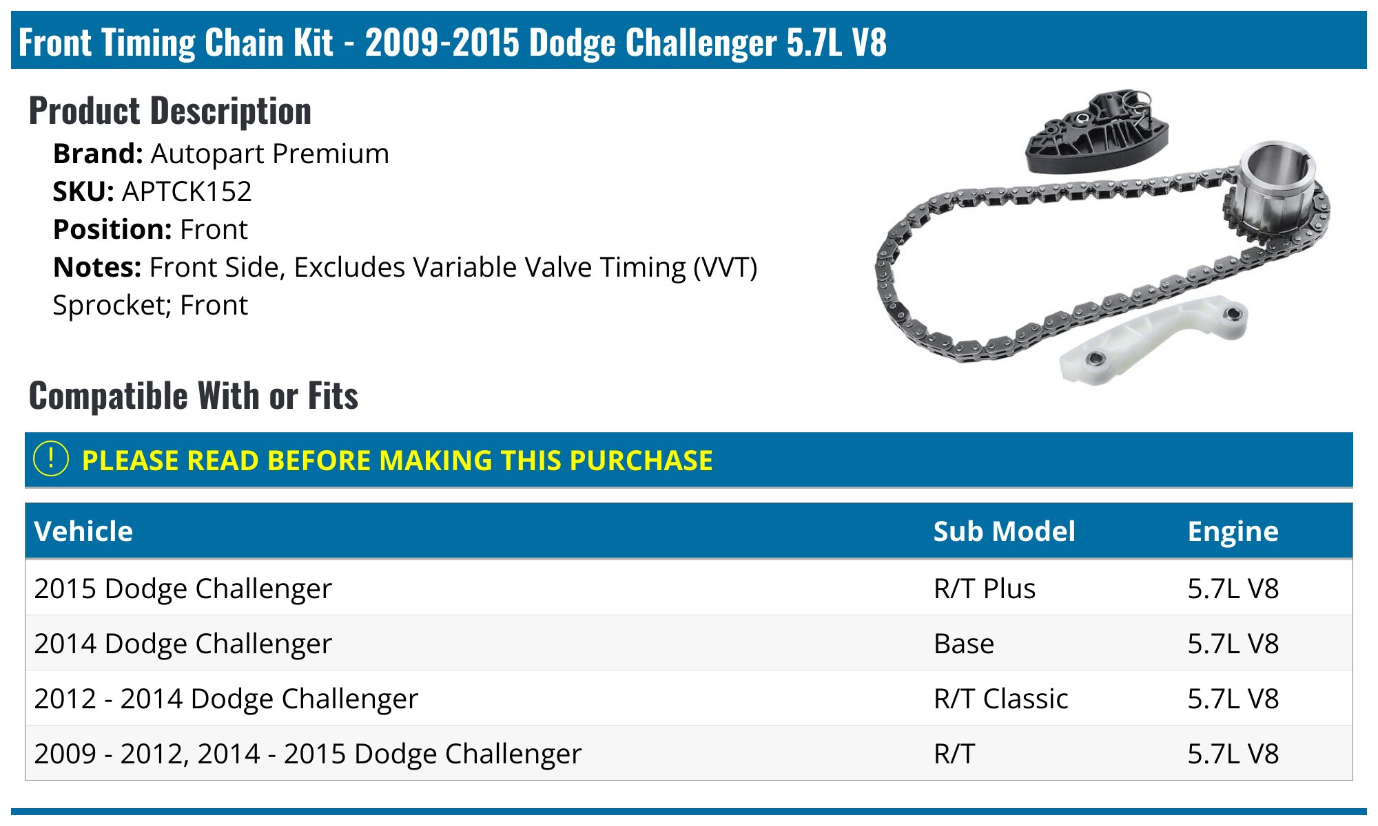 2009-2015 Dodge Challenger Timing Chain - Autopart Premium APTCK152 ...