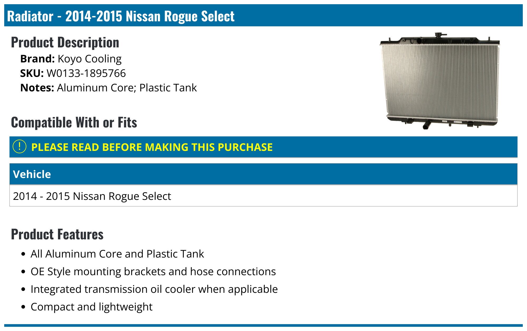 2014-2015 Nissan Rogue Select Radiator - Koyo Cooling W0133-1895766 ...