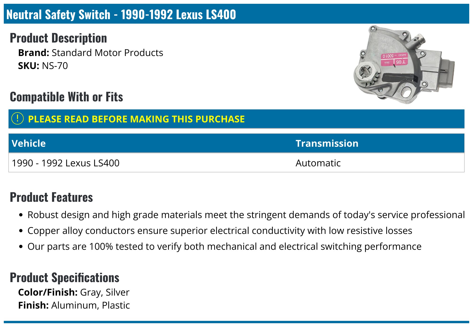 1990-1992 Lexus LS400 Neutral Safety Switch - Standard Motor Products ...