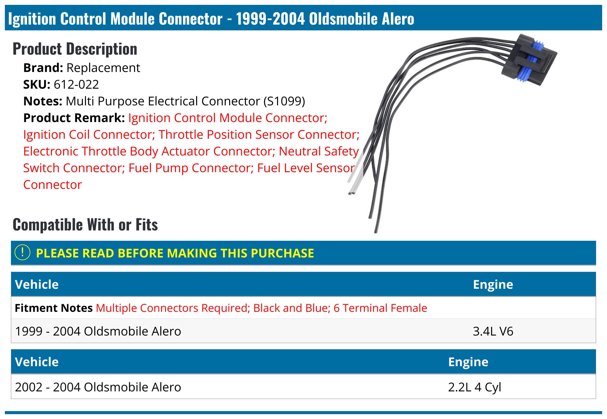 1999-2004 Oldsmobile Alero Ignition Control Module Connector ...