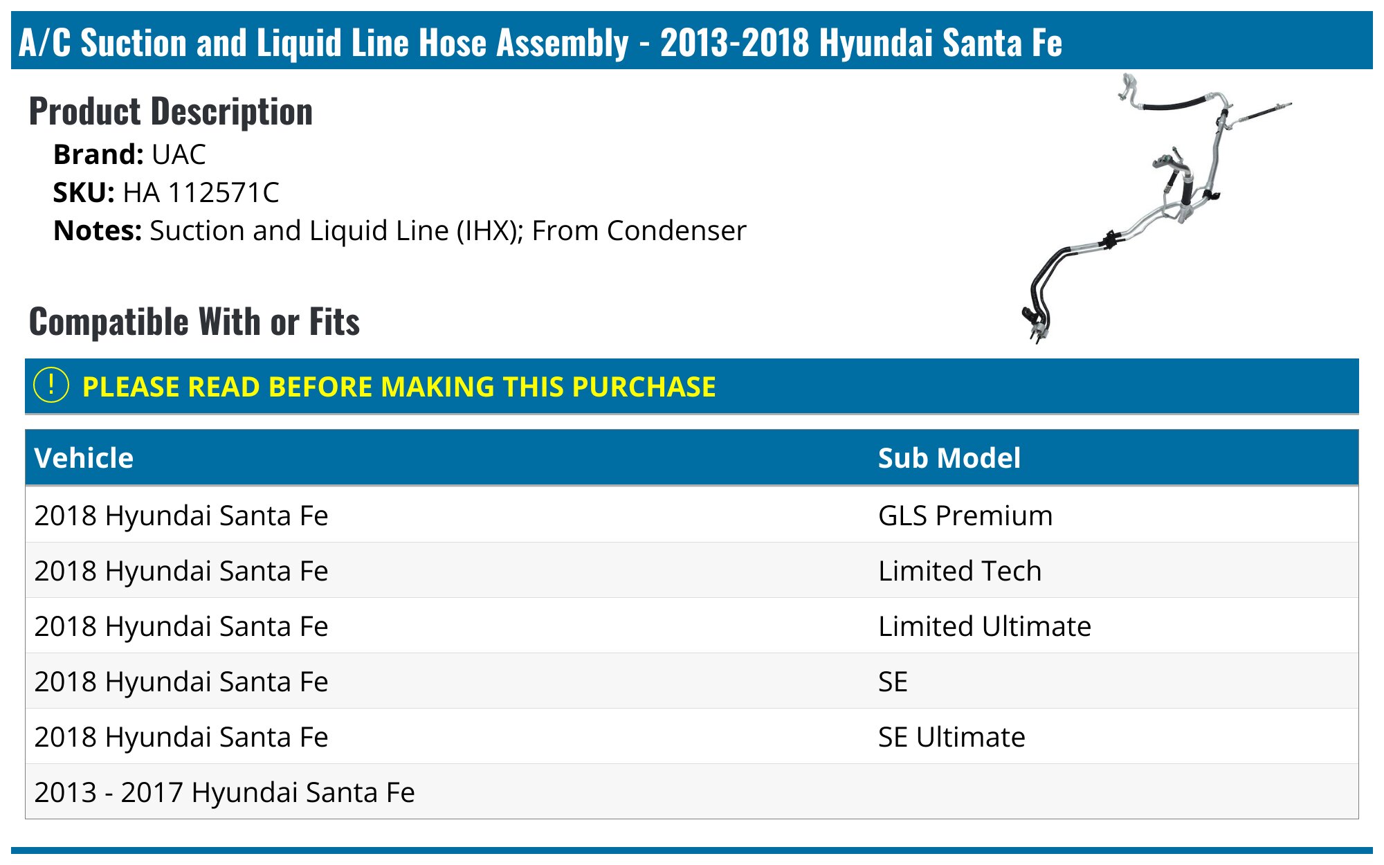 2013-2018 Hyundai Santa Fe A/C Suction and Liquid Line Hose Assembly ...