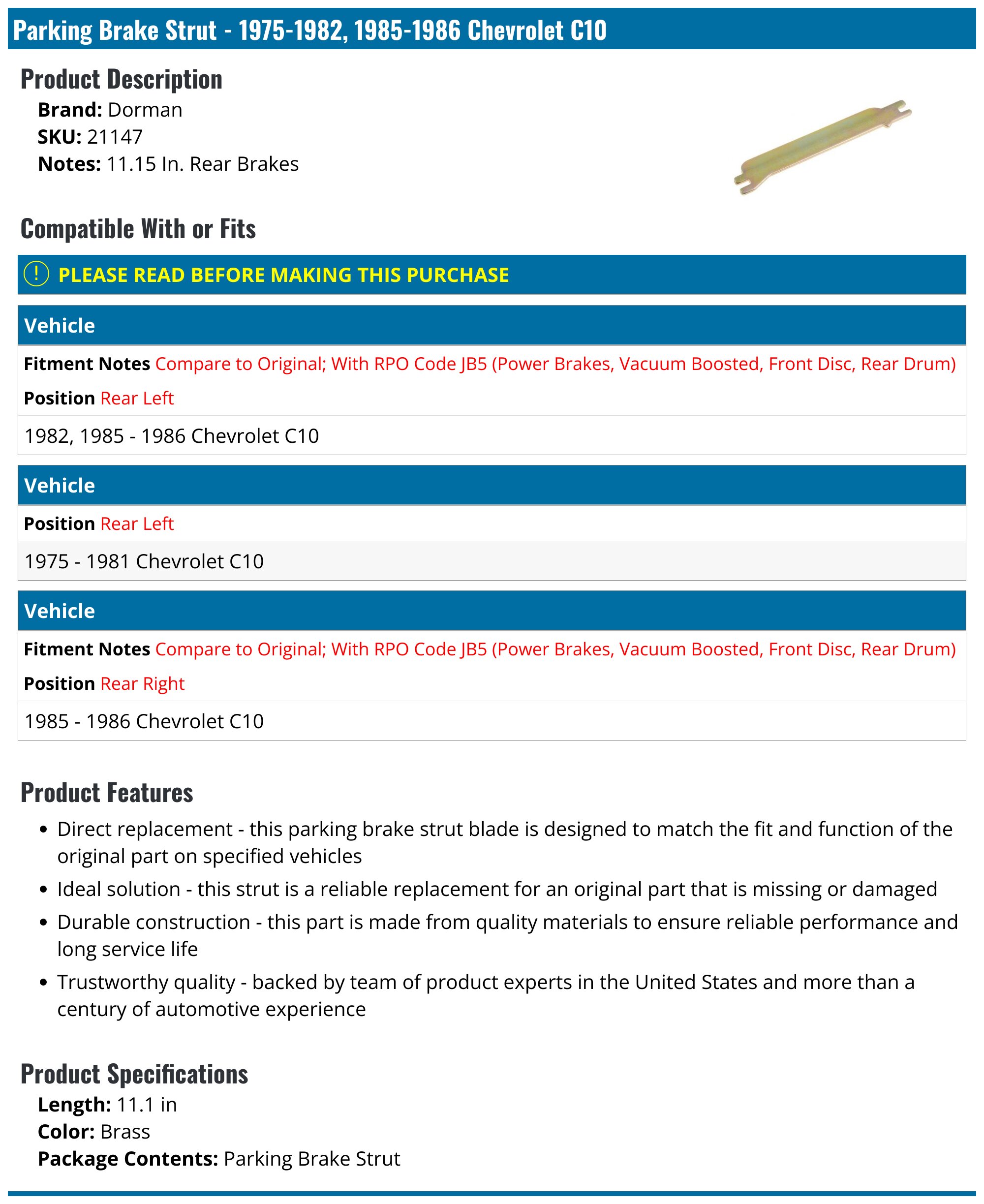 1975-1982, 1985-1986 Chevrolet C10 Parking Brake Strut - Dorman 21147 ...