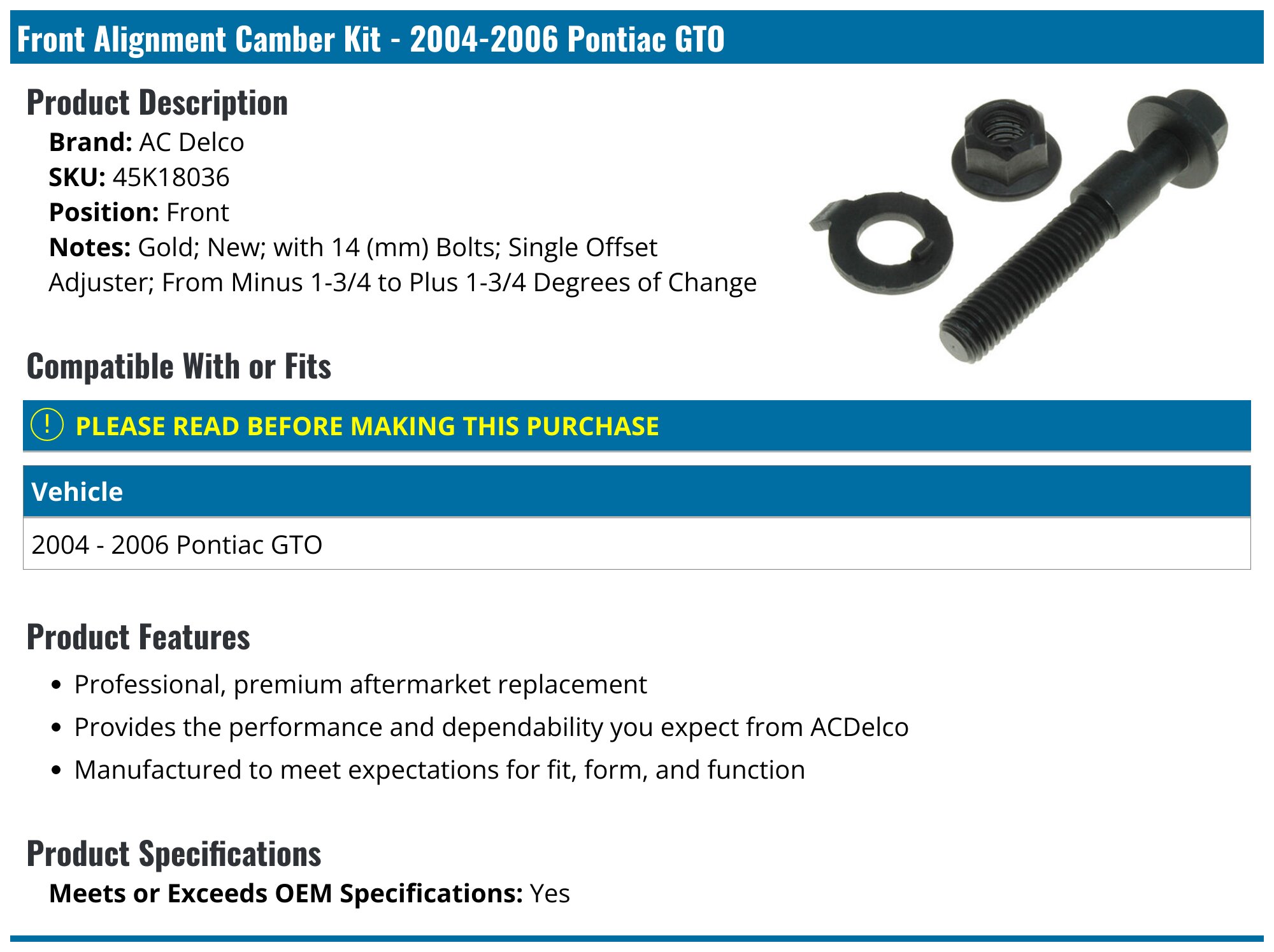2004-2006 Pontiac GTO Alignment Camber Kit - AC Delco 45K18036 - Front ...