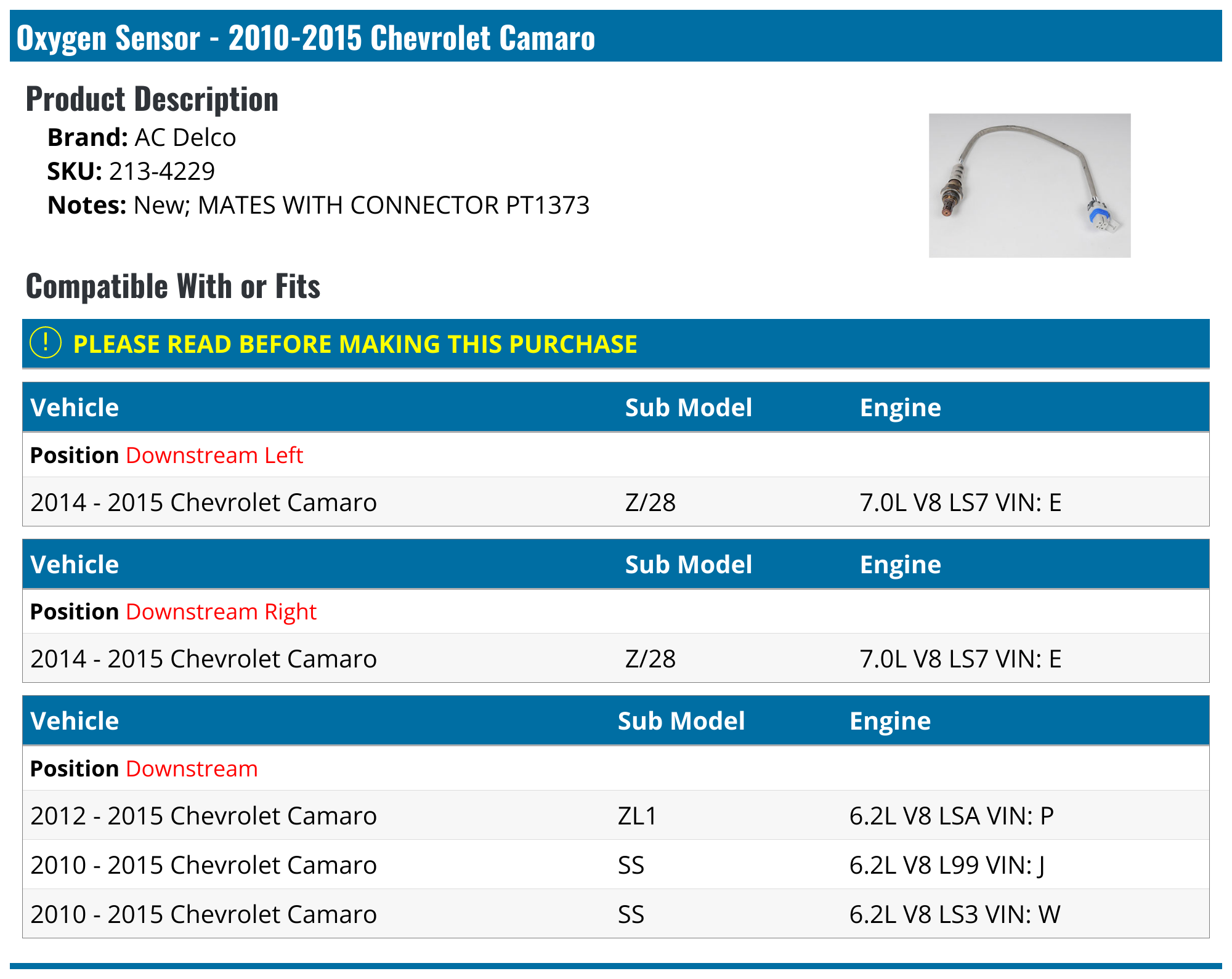 2010-2015 Chevrolet Camaro Oxygen Sensor - AC Delco 213-4229 ...