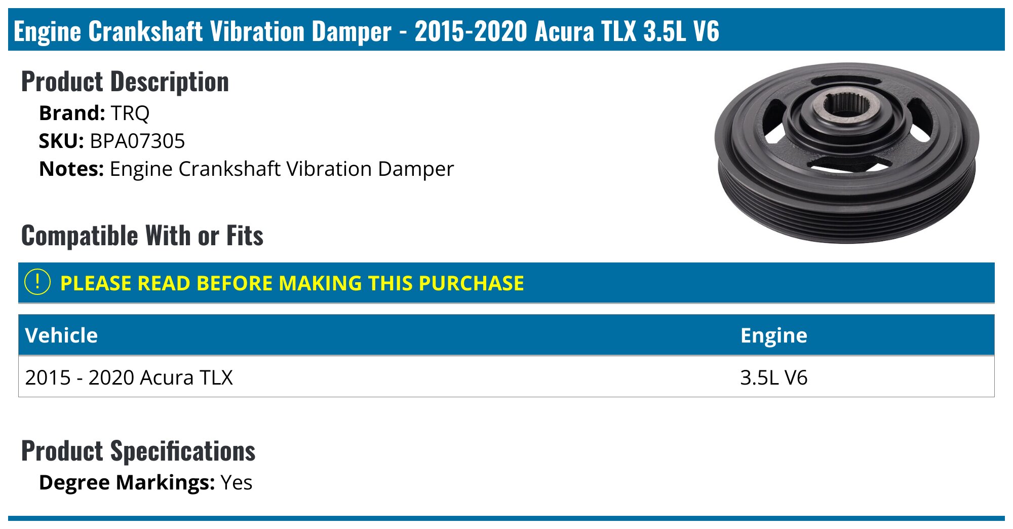 2015-2020 Acura TLX Engine Crankshaft Vibration Damper - TRQ BPA07305 ...