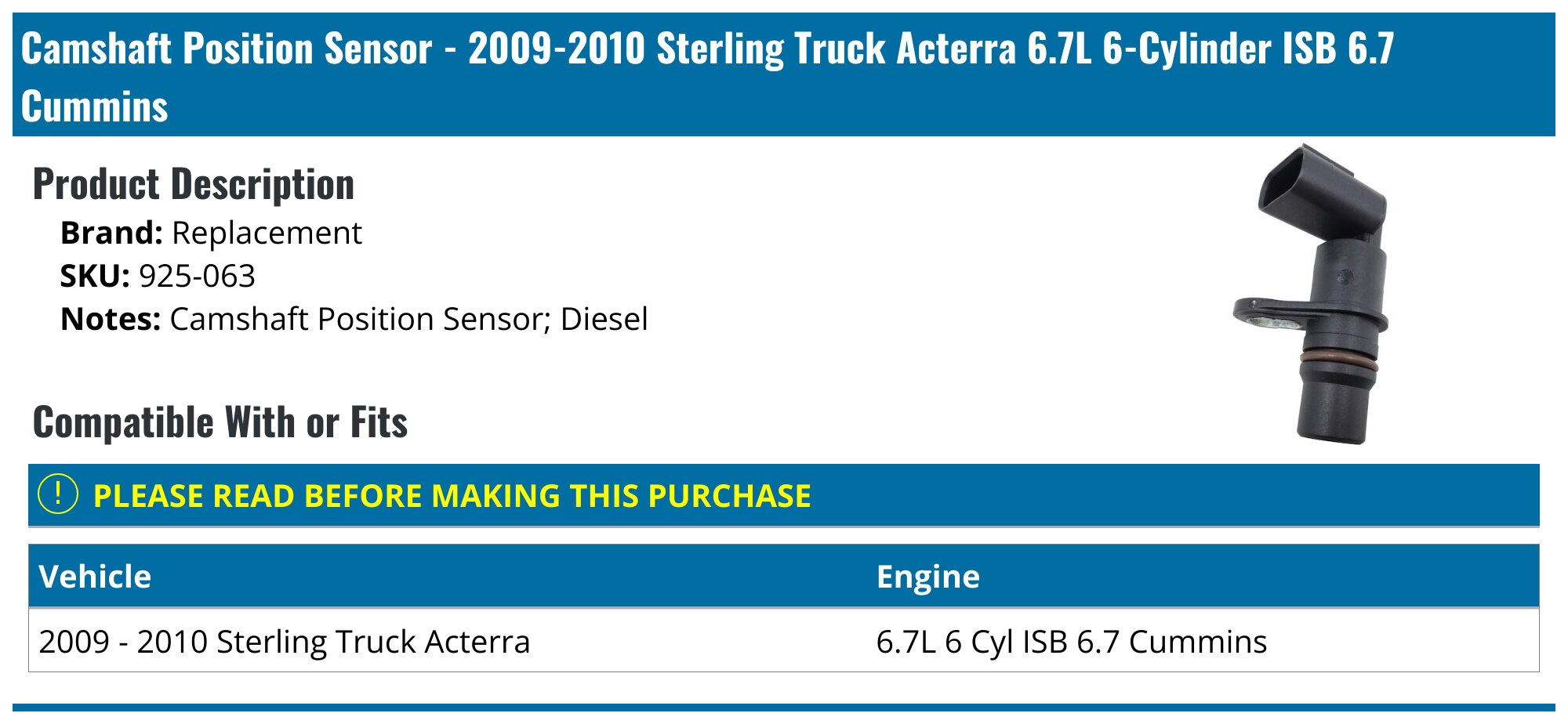 2009-2010 Sterling Truck Acterra Camshaft Position Sensor - Replacement ...