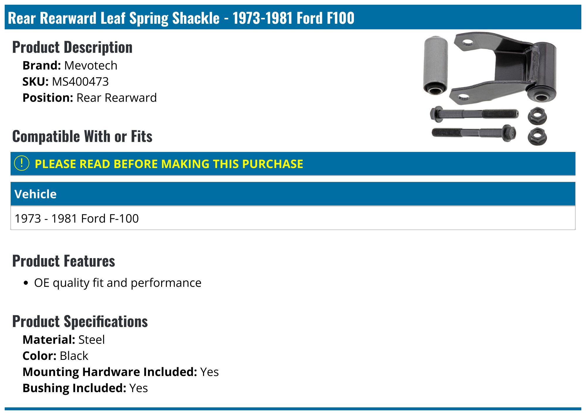 1973-1981 Ford F100 Leaf Spring Shackle - Mevotech MS400473 - Rear ...