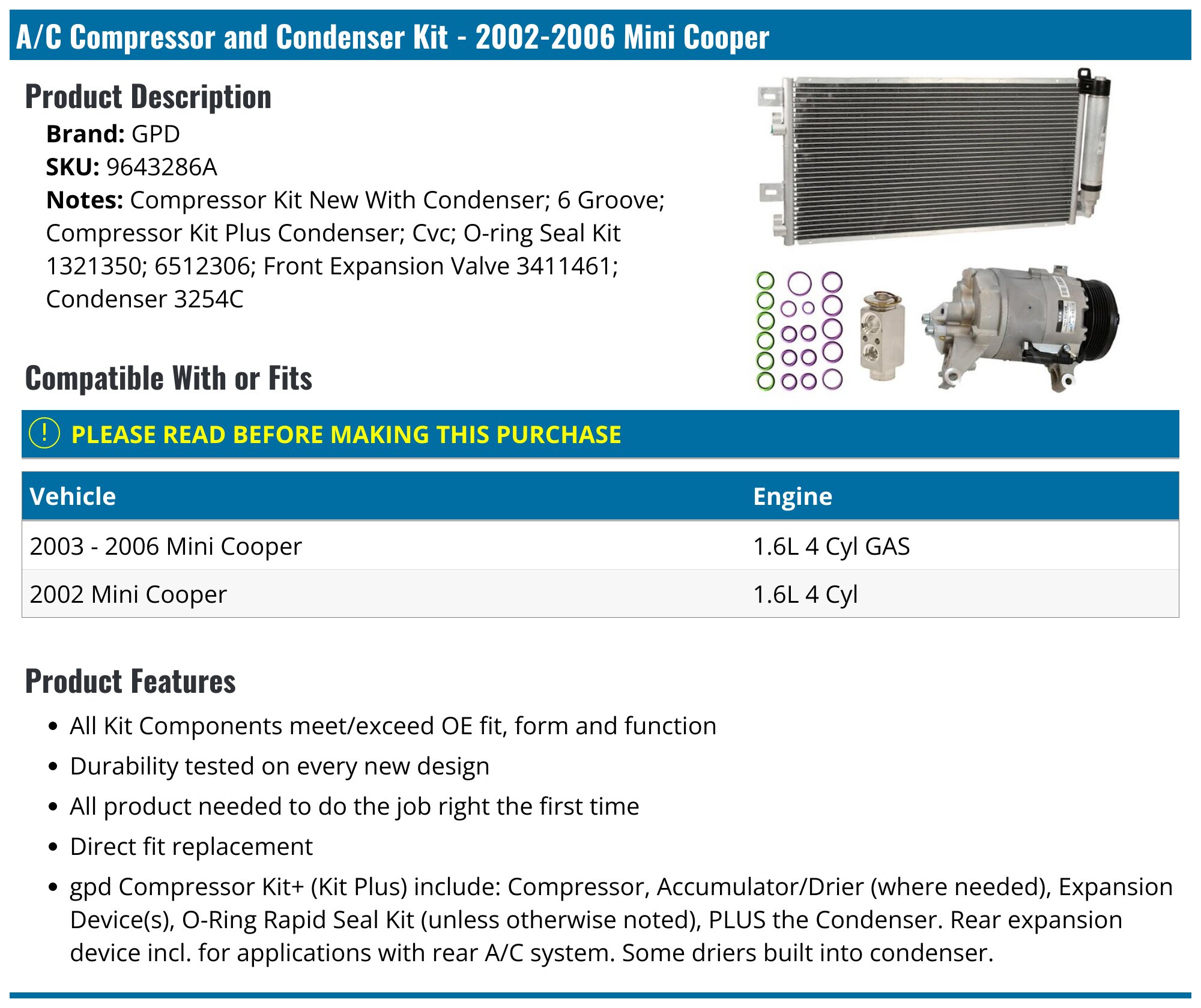 2002-2006 Mini Cooper A/C Compressor - GPD 9643286A - PartsGeek.com
