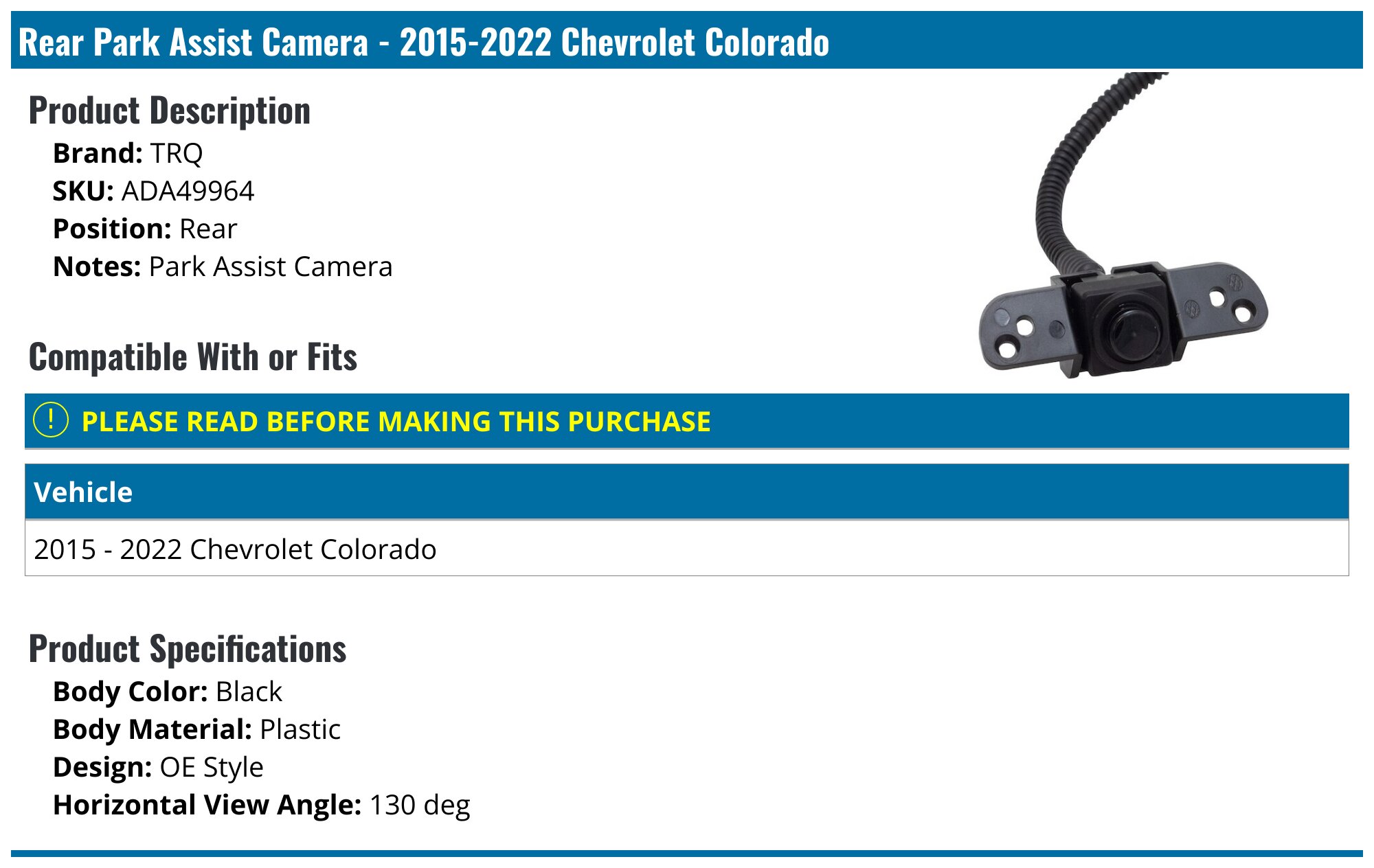 2015-2022 Chevrolet Colorado Backup Camera - TRQ ADA49964 - Rear ...